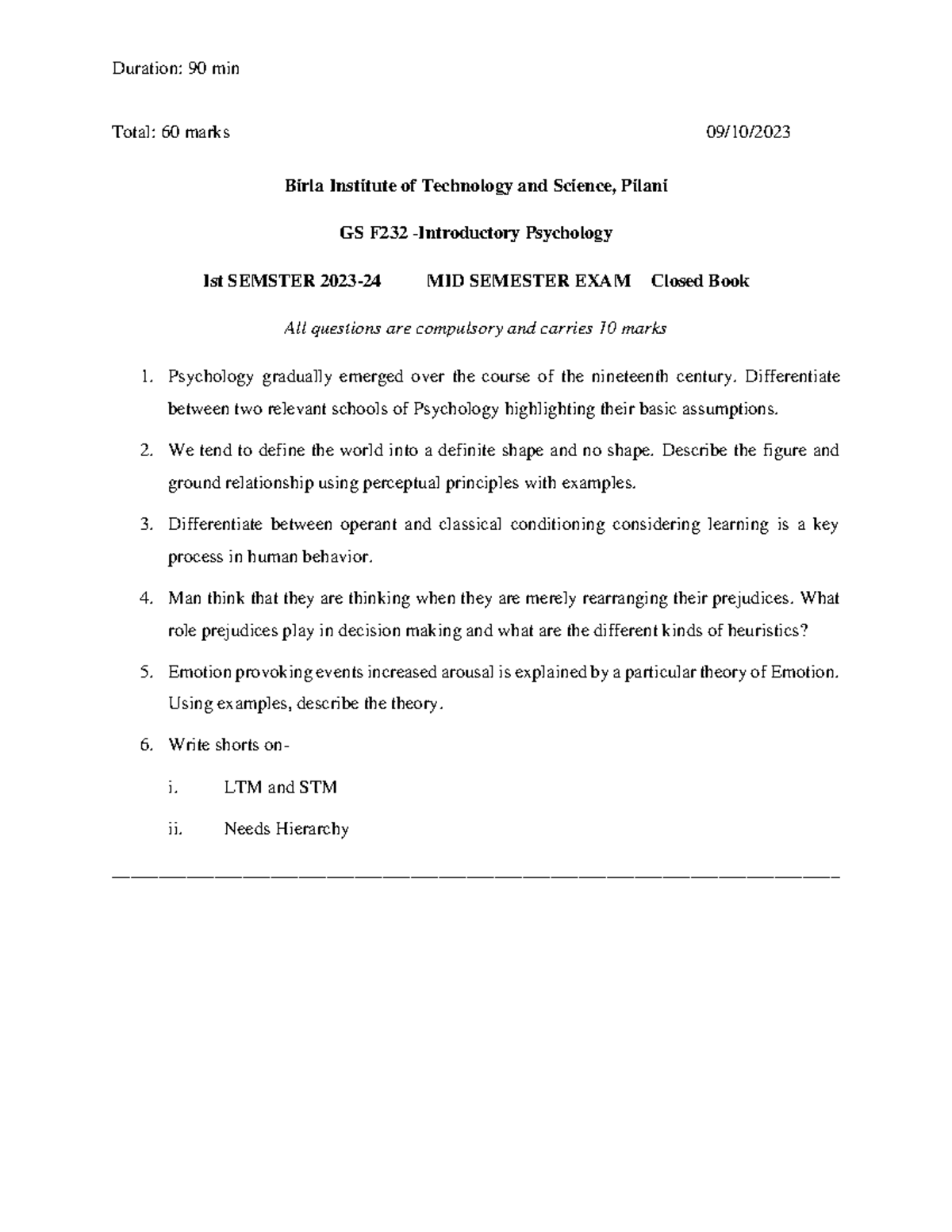 1157 GS F232 20231215033539 Mid Semester Question Paper - Duration: 90 ...