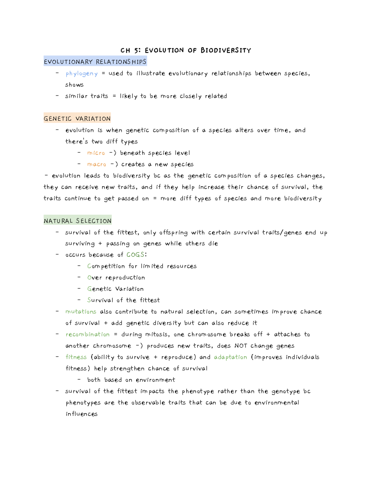 APES Ch 5 Notes - CH 5: EVOLUTION OF BIODIVERSITY EVOLUTIONARY ...