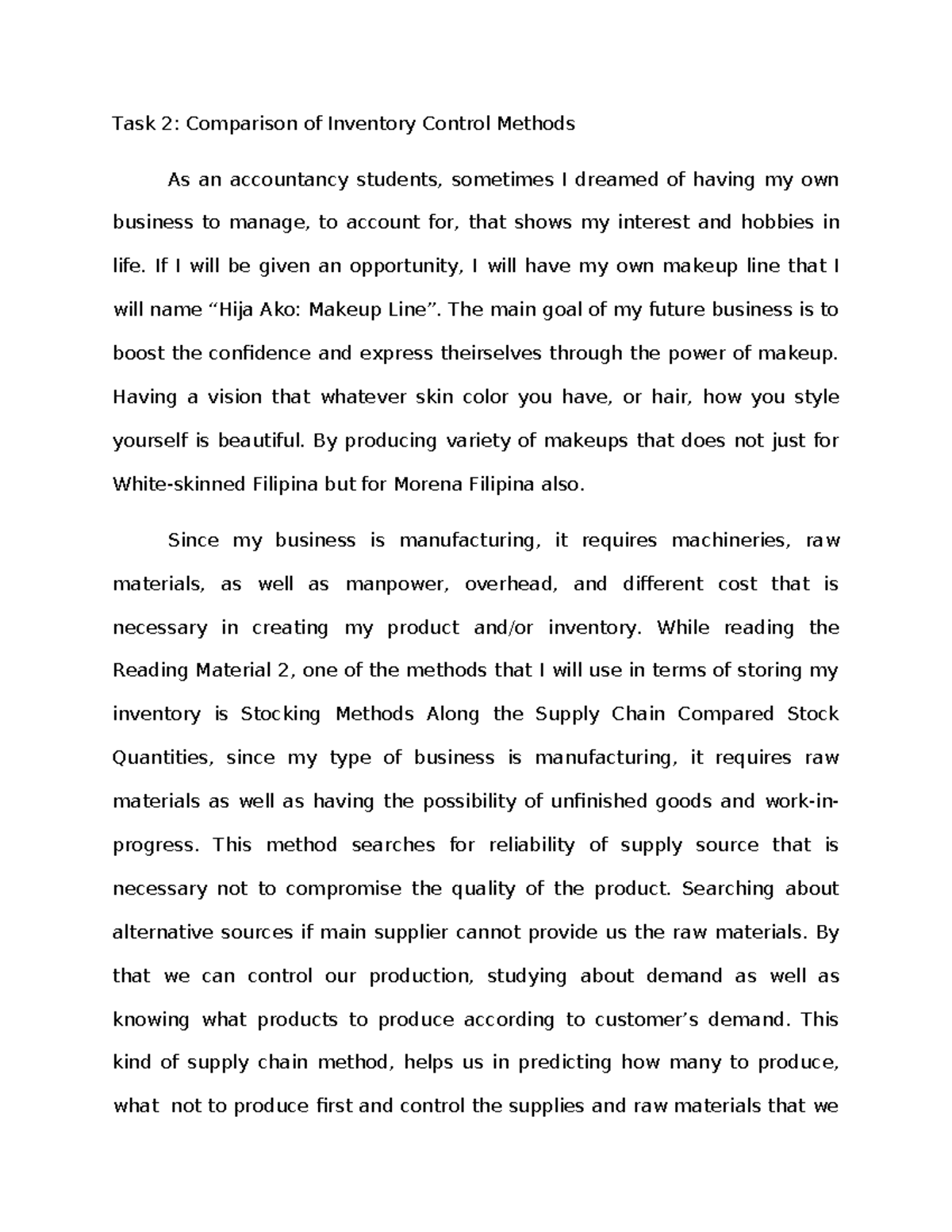 Operation and Management - Task 2: Comparison of Inventory Control ...