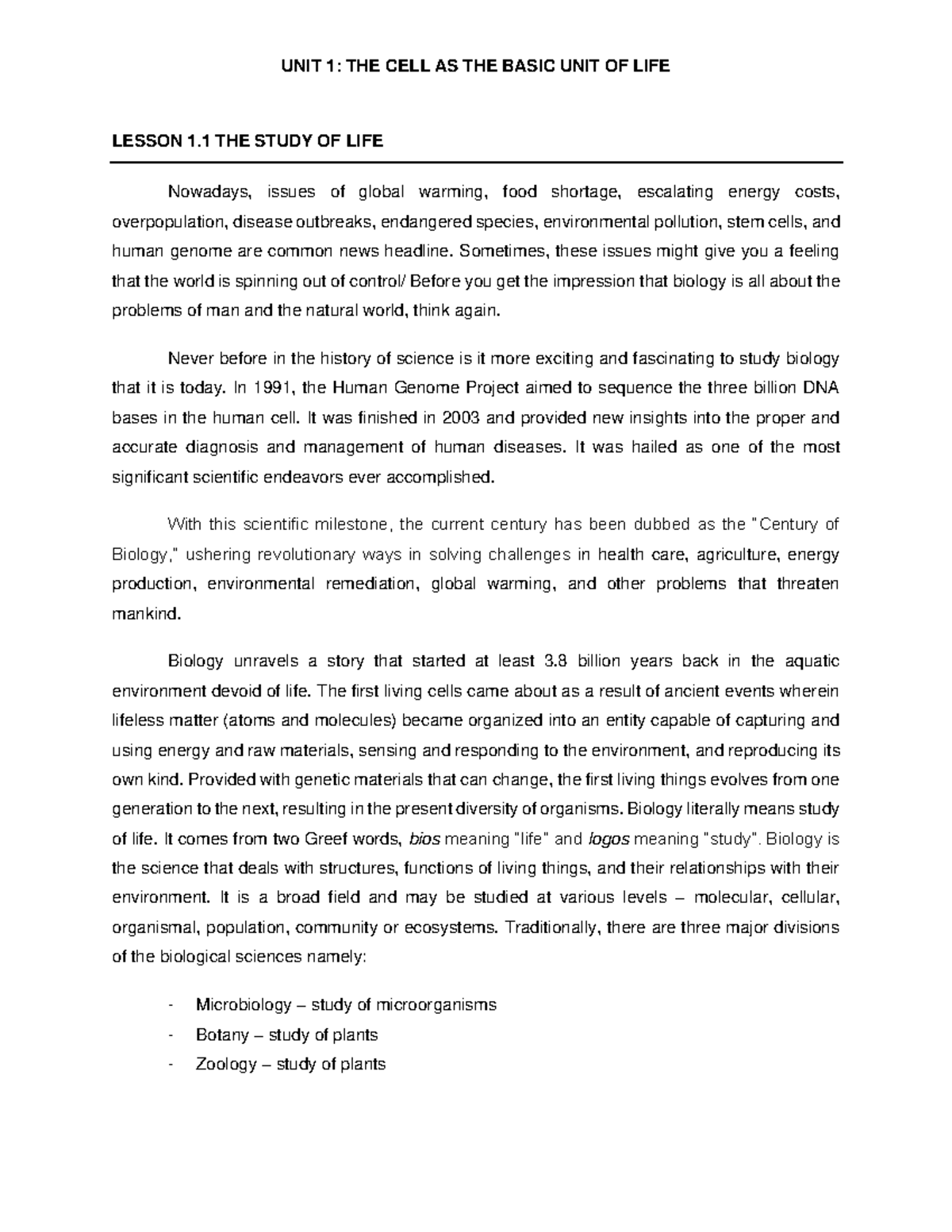 UNIT 1 - THE CELL AS THE Basic UNIT OF LIFE - LESSON 1 THE STUDY OF ...