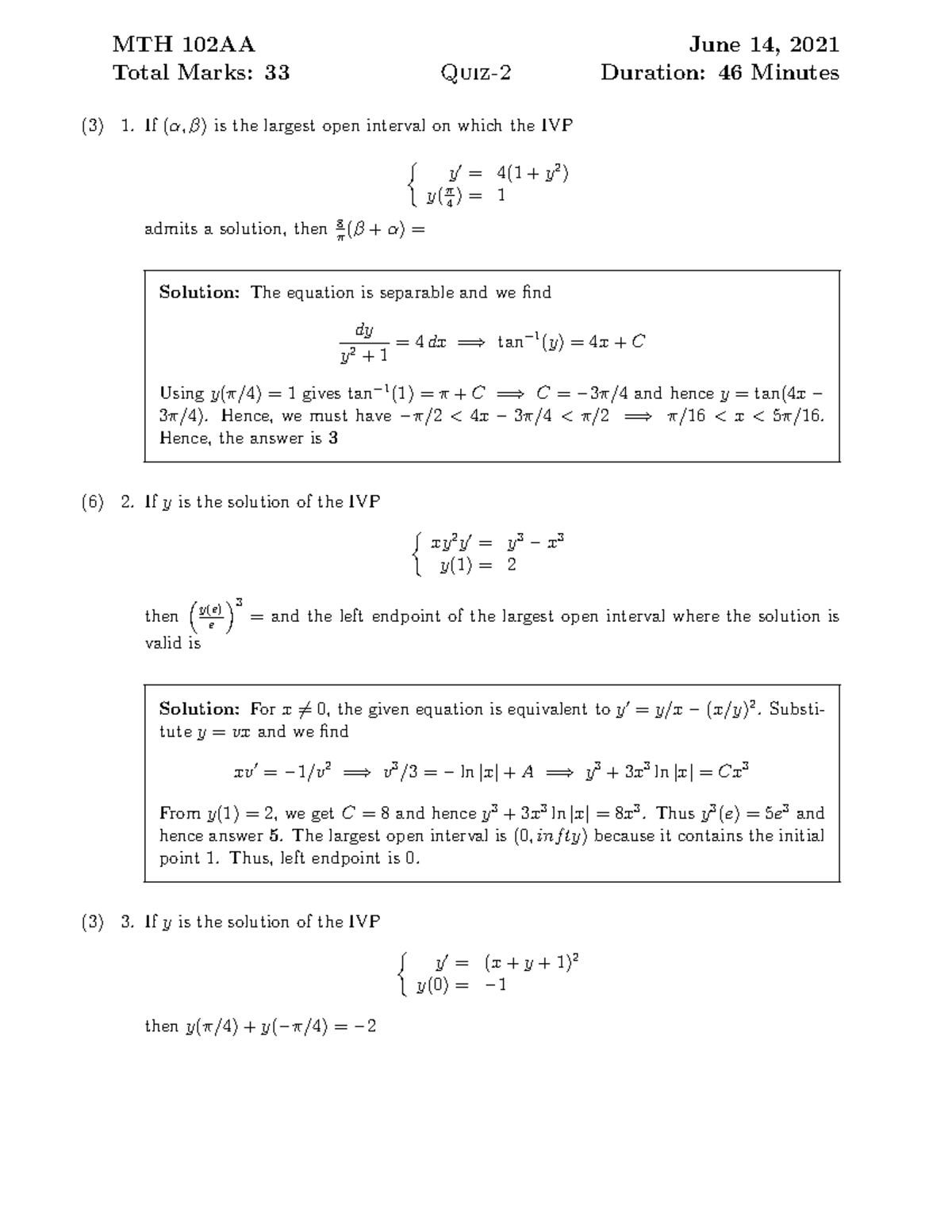 Mth pyq - For practice. - Total Marks: 33 Quiz- Duration: 46 Minutes 1 ...