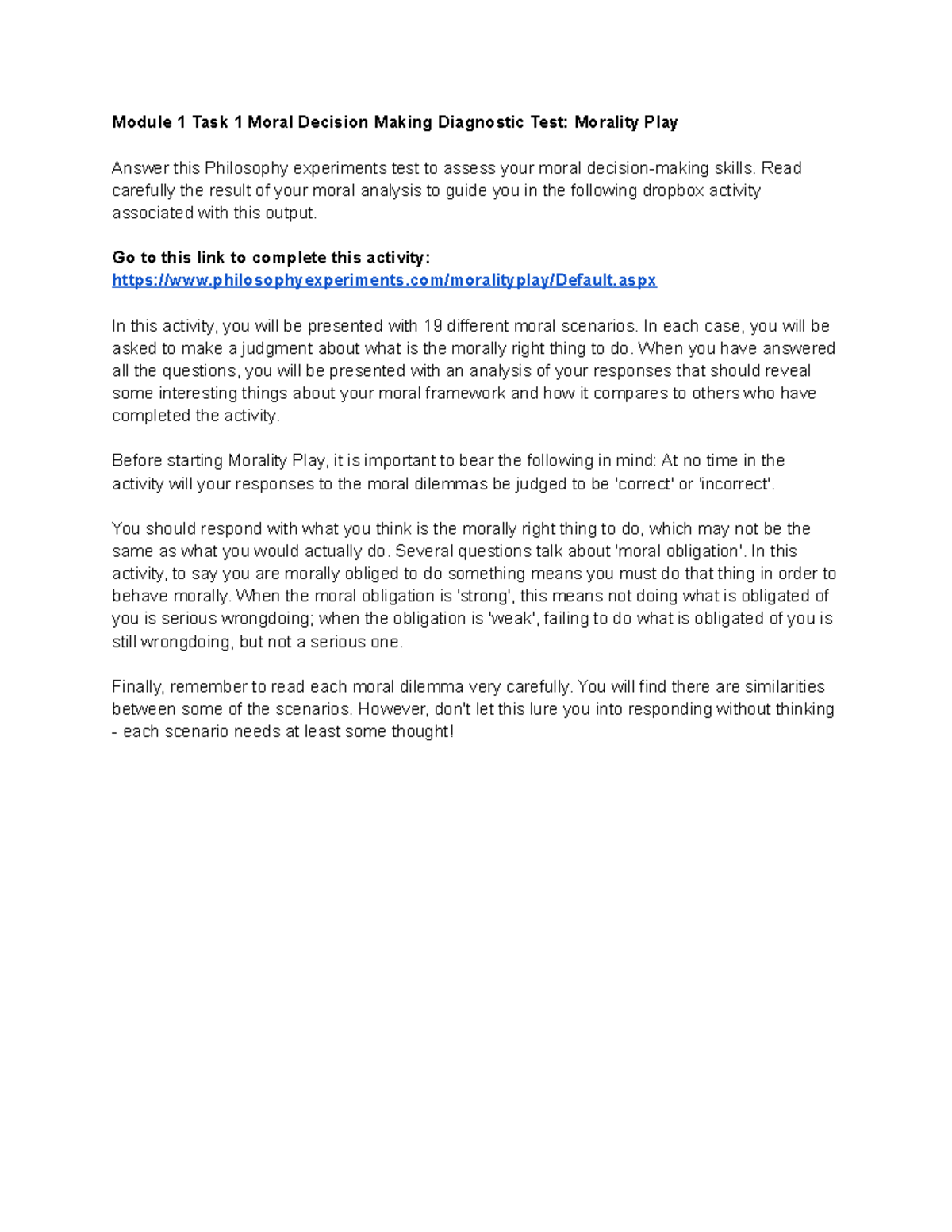 Module 1 Task 1 Moral Decision Making Diagnostic Test Morality Play ...