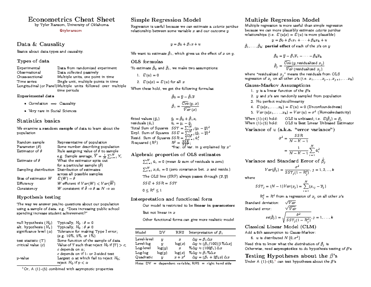 Econometrics Cheat Sheet Types Of Data Experimental Data From