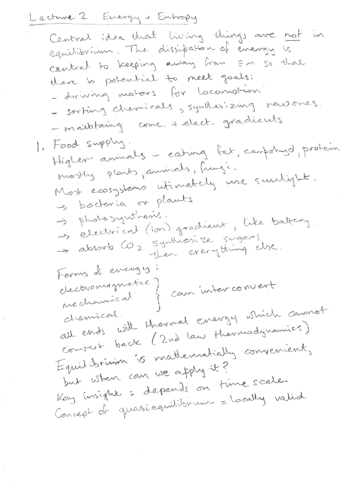 Lecture 2 notes - Lecture 2 Energy l Entropy Central idea that living ...