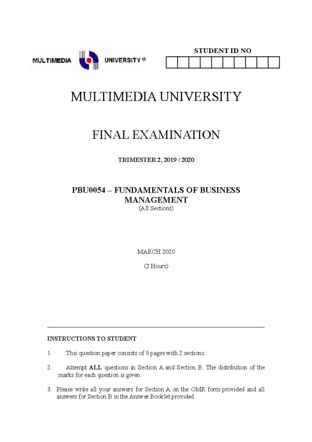 PBU0054 T2 1920 final exam - MULTIMEDIA UNIVERSITY FINAL EXAMINATION ...