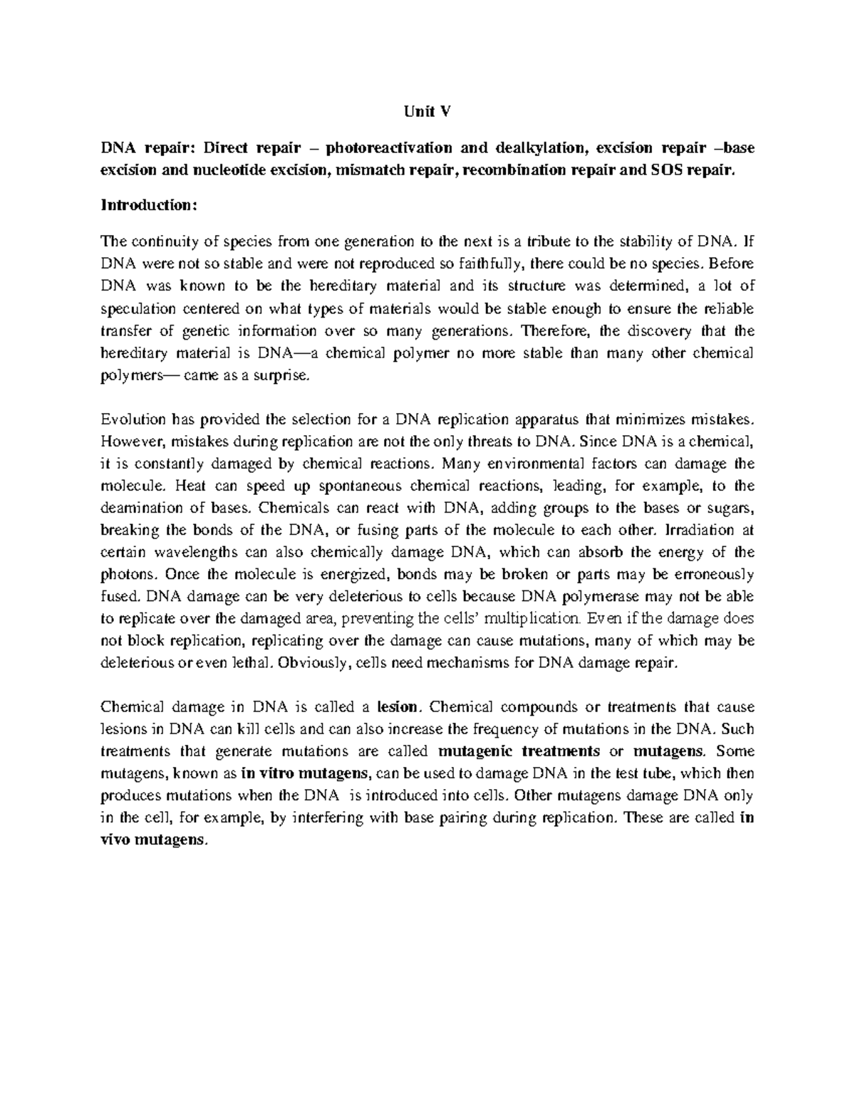 Unit V DNA Repair - Unit V DNA repair: Direct repair ...