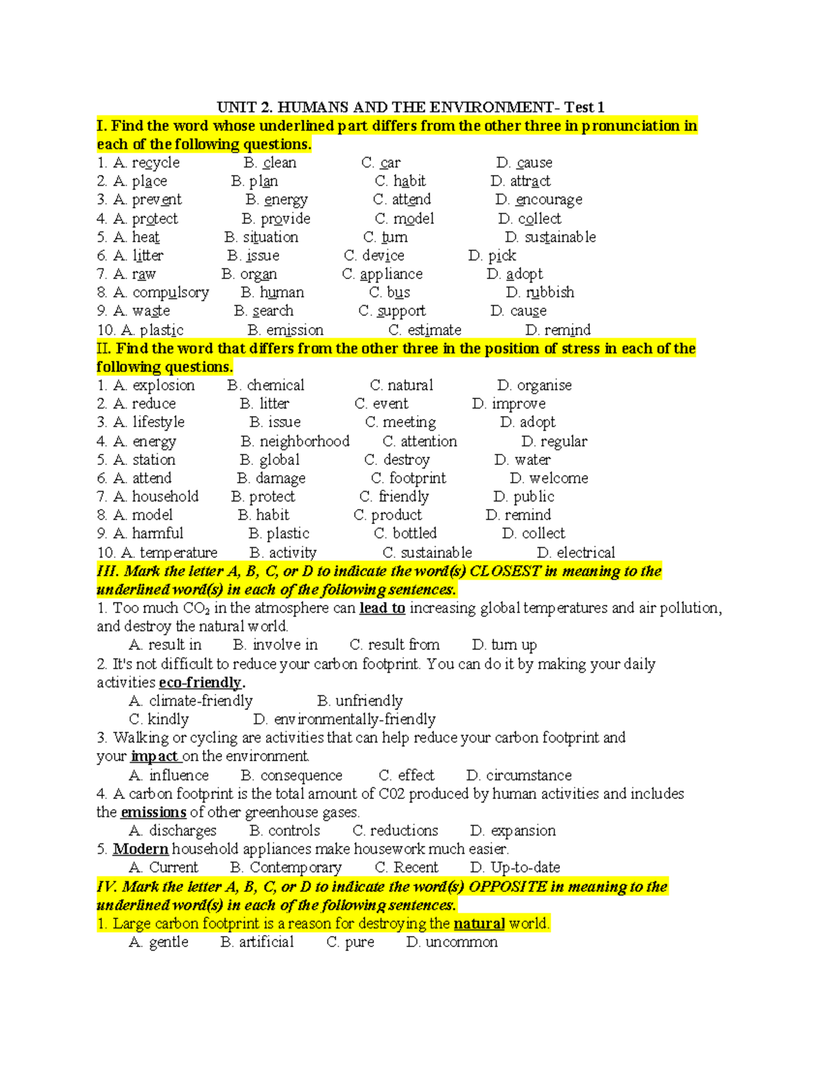 UNIT 2 - global - UNIT 2. HUMANS AND THE ENVIRONMENT- Test 1 I. Find ...