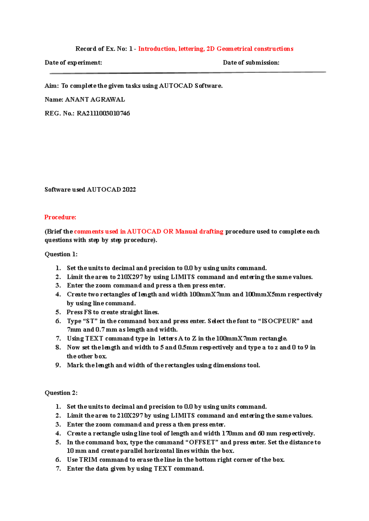 EGD lab record all exp - Record of Ex. No: 1 - Introduction, lettering ...