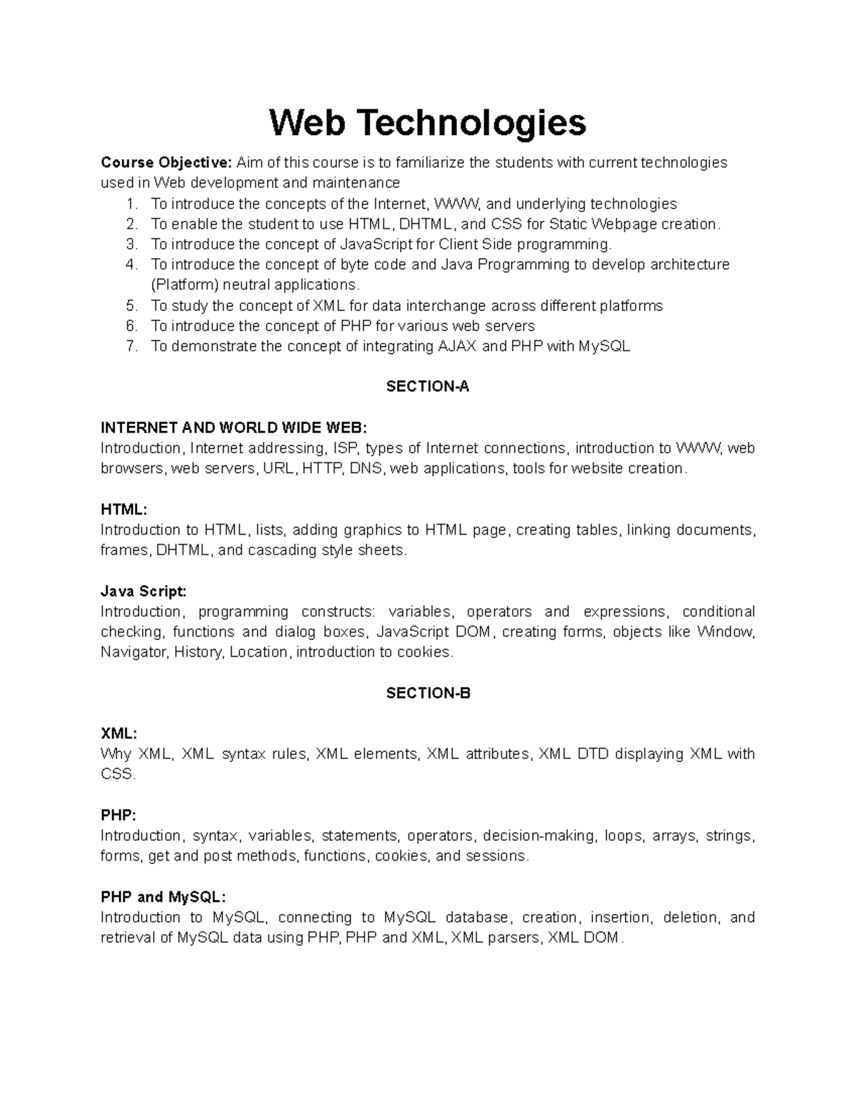 Web Technologies - Web Technologies Course Objective: Aim of this ...