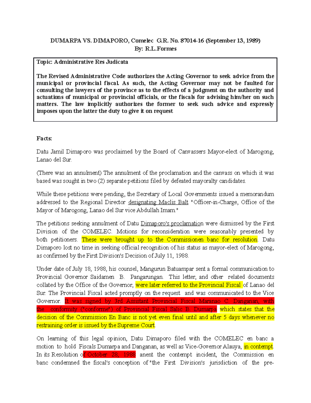 59. Dumarpa V. Dimaporo - DUMARPA VS. DIMAPORO, Comelec G. No. 87014-16 ...