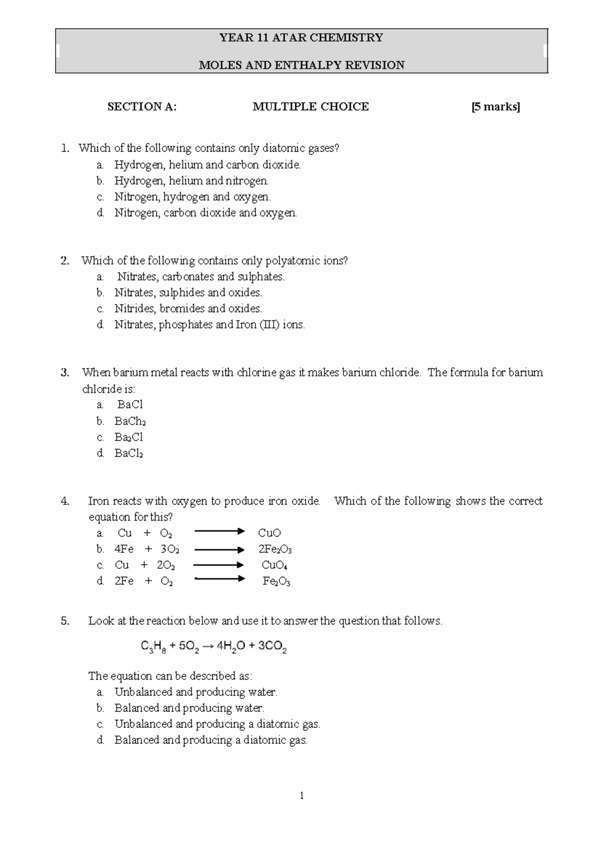 11 Atar Chemistry Test 3 Revision - YEAR 11 ATAR CHEMISTRY MOLES AND ...