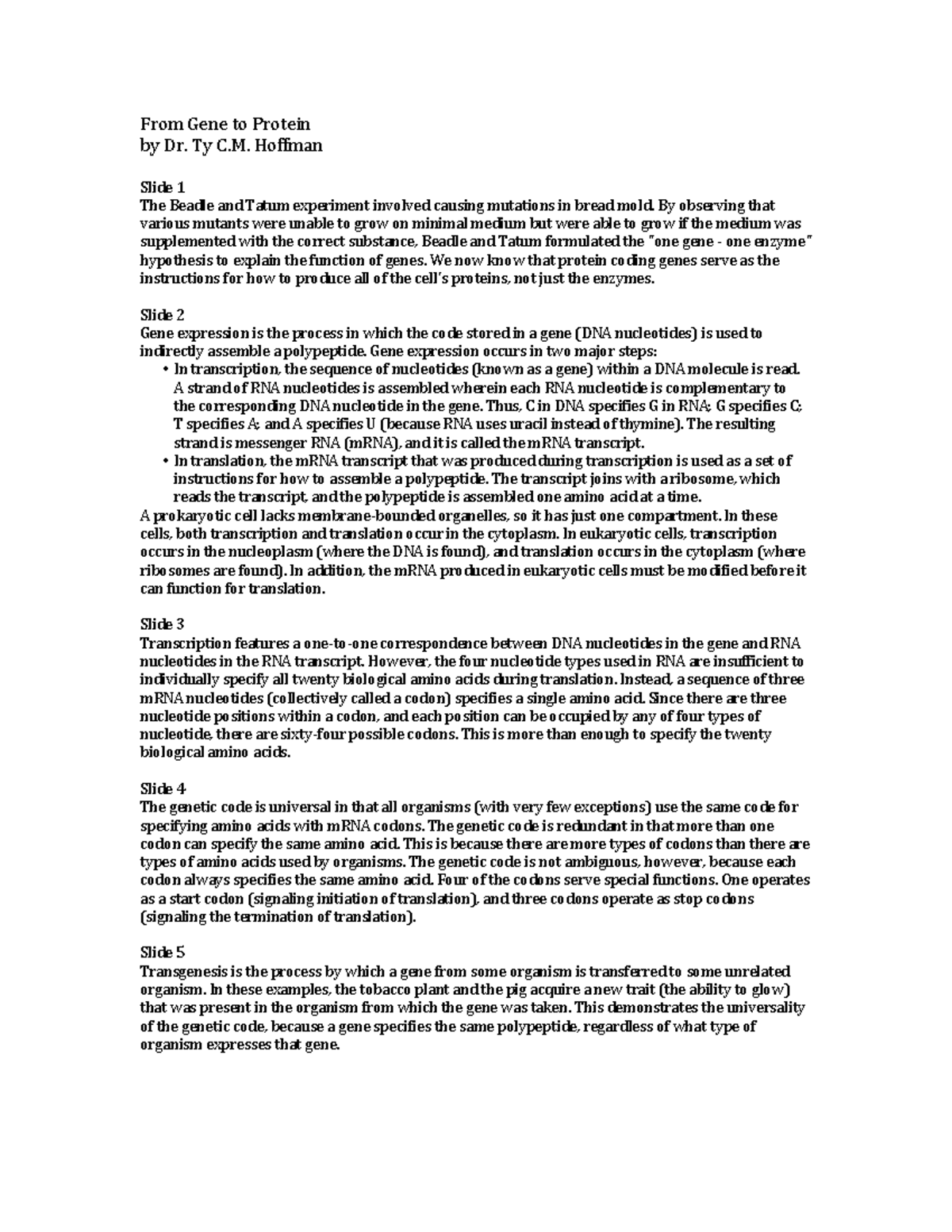 From Gene To Protein - BIO181: Ty Hoffman - From Gene to Protein by Dr ...