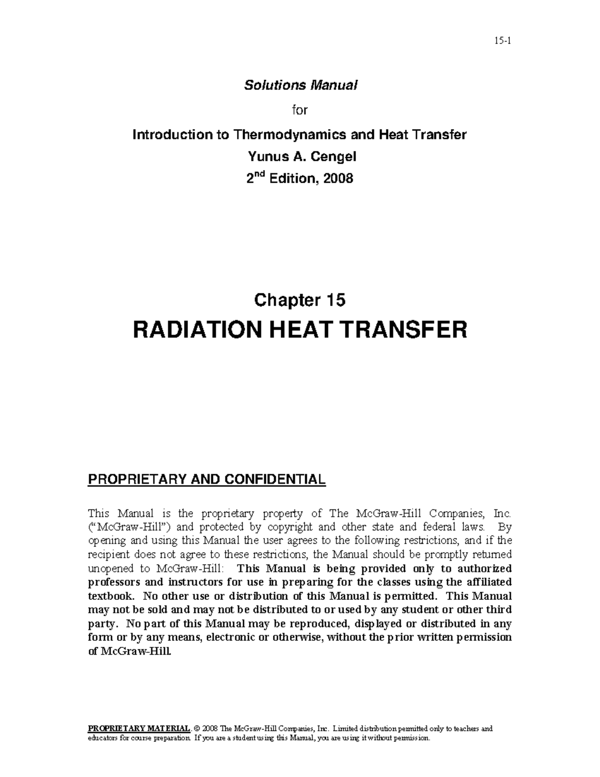 Heat Transfer Answer Key Chapter 15 Cengel - PROPRIETARY MATERIAL ...