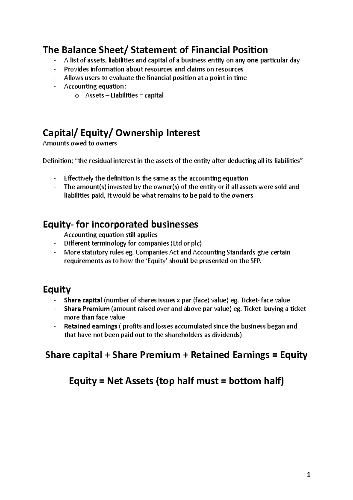Week 1; Lecture 4- complete - The Balance Sheet/ Statement of Financial ...