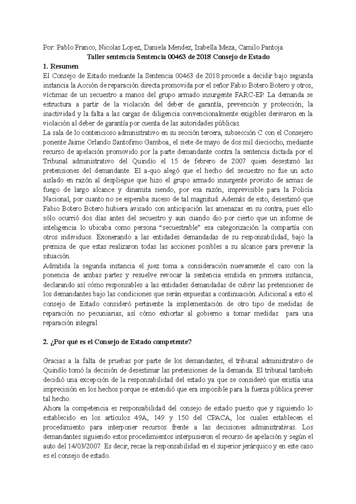 Taller sentencia 00463 de 2018 - Por: Pablo Franco, Nicolas Lopez ...