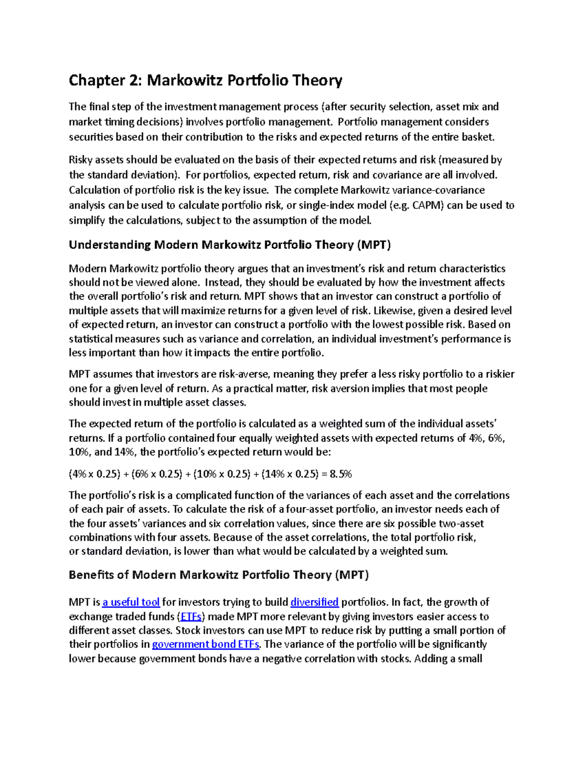 20F 4720 - 02 Markowitz Portfolio Theory - Chapter 2: Markowitz ...