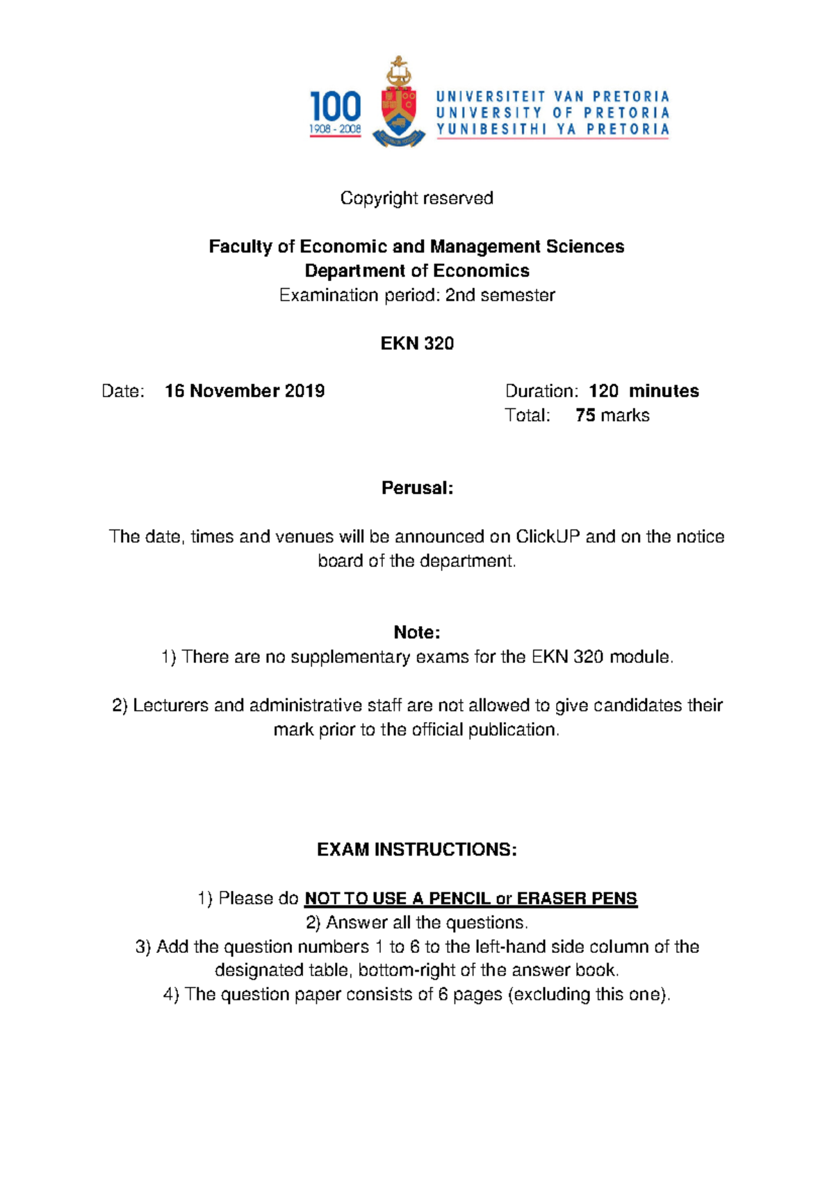 2019 Exam - exam paper - Copyright reserved Faculty of Economic and ...