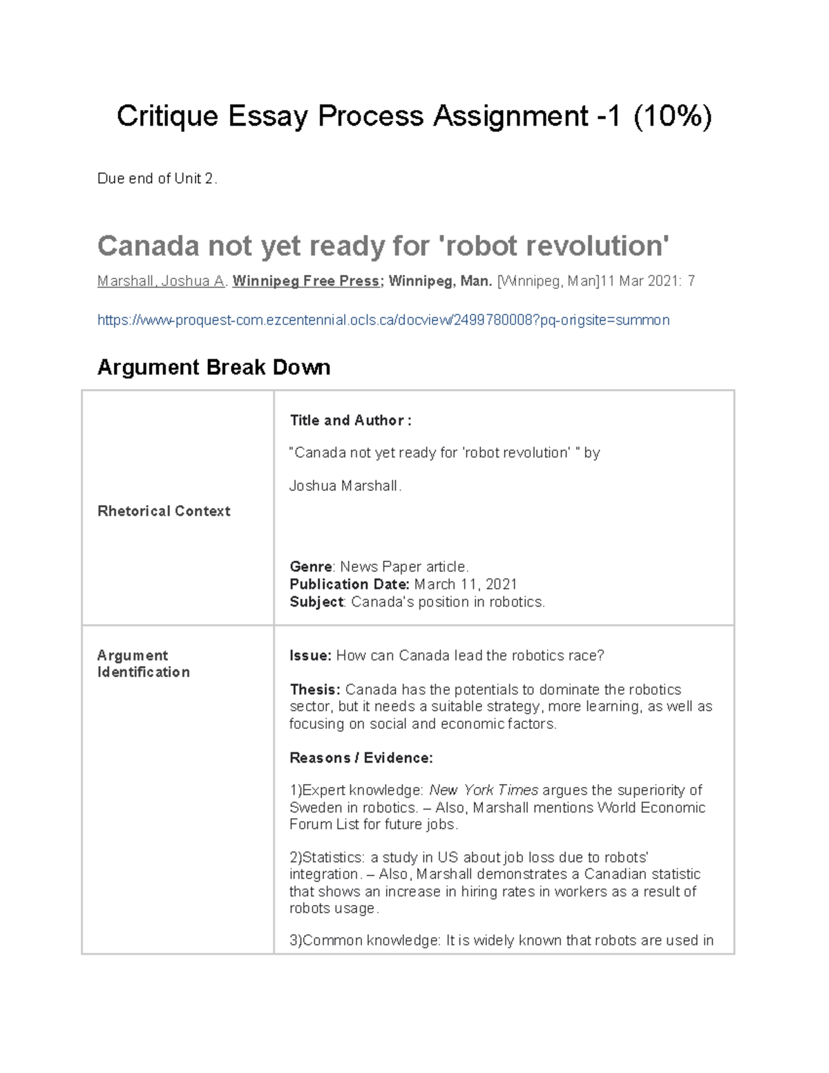Critique Essay Sample F22 - Critique Essay Process Assignment -1 (10% ...