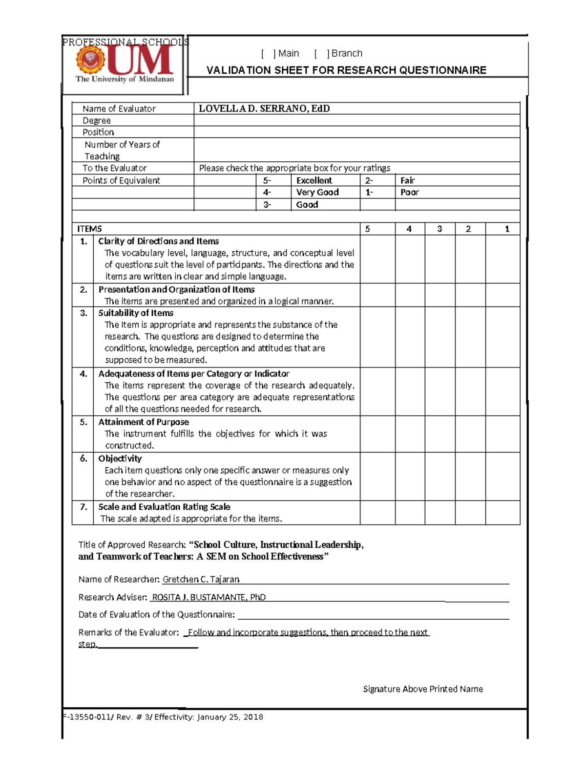 Validation quanti - okay - PROFESSIONAL SCHOOLS [ ] Main [ ] Branch ...