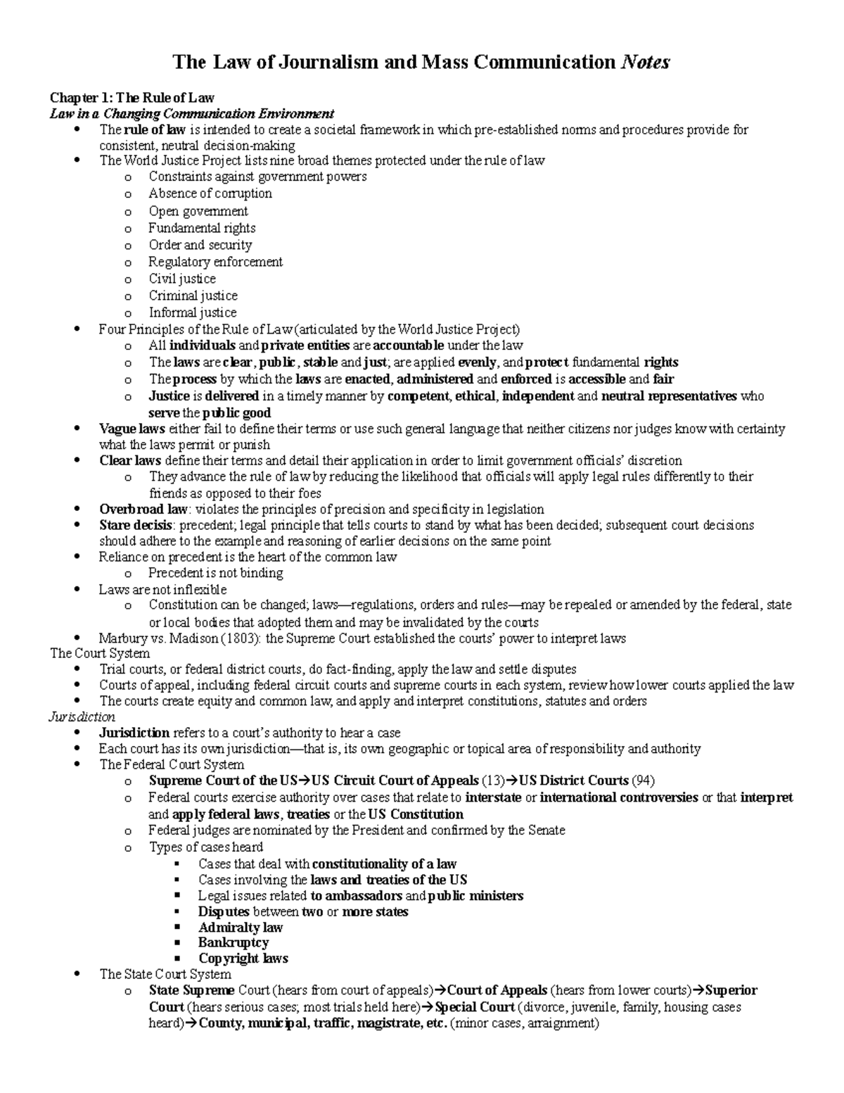 MEJO341 The Law of Journalism and Mass Communication Notes - The Law of ...