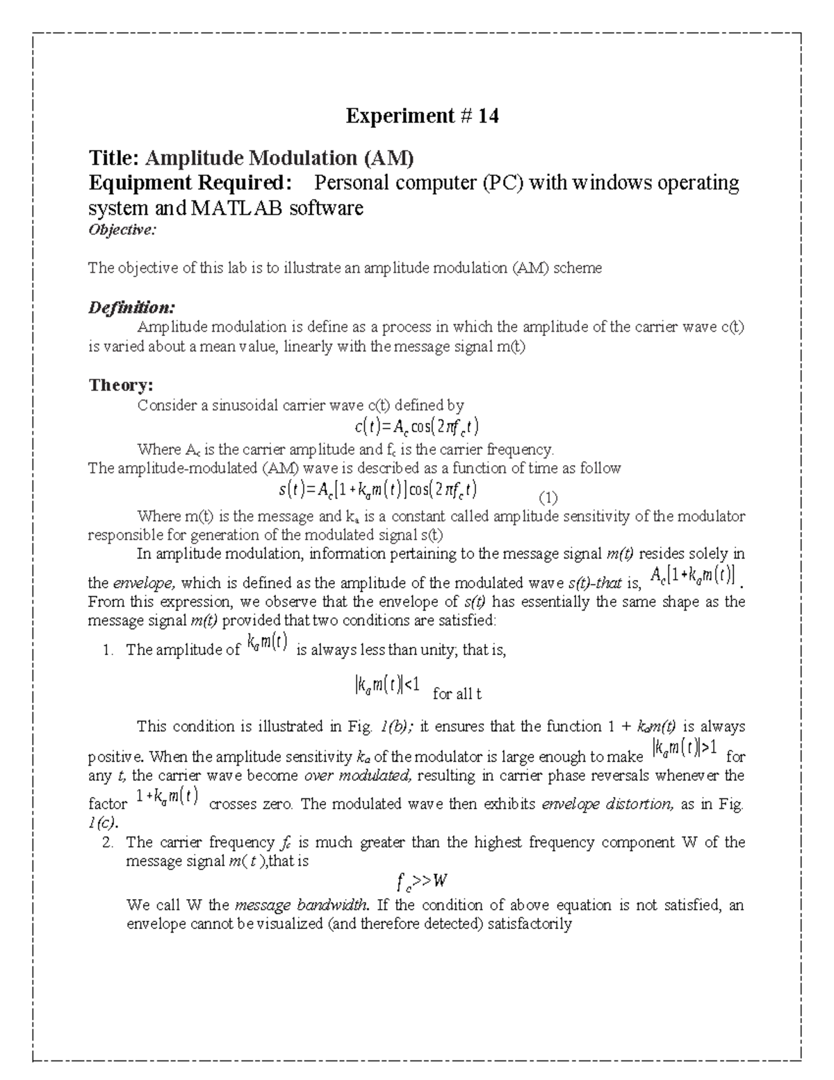 DSP Exp 14 - NIL - Experiment # 14 Title: Amplitude Modulation (AM) Equipment Required: Personal ...