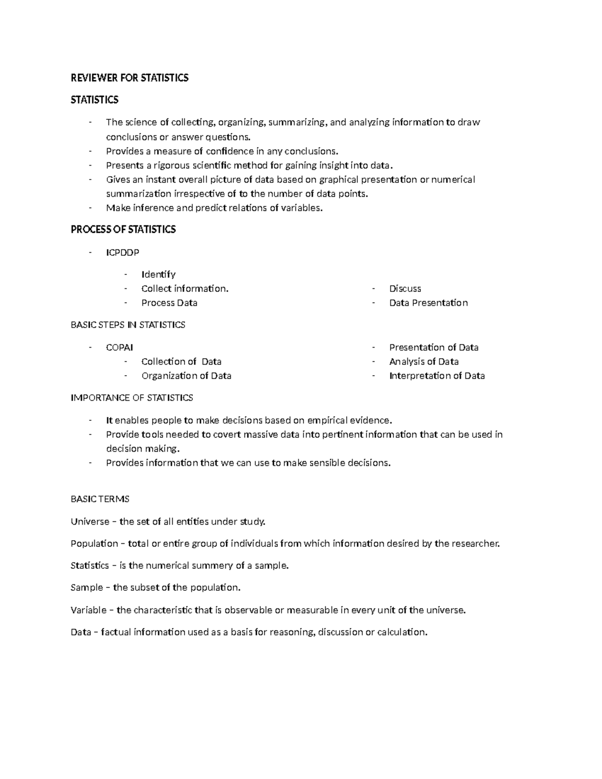 Reviewer FOR Statistics - REVIEWER FOR STATISTICS STATISTICS The ...