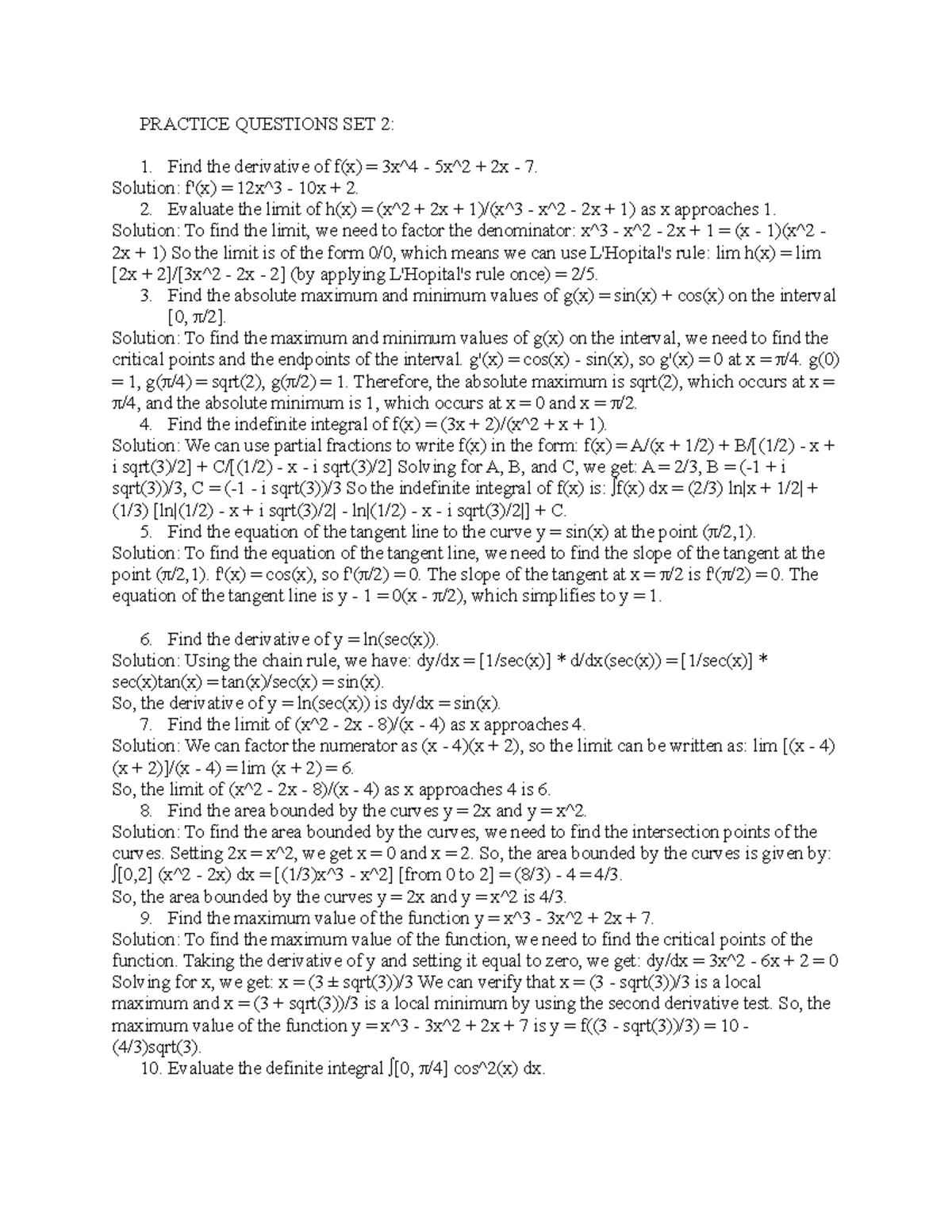 CAL1 Practice Questions SET 2 - PRACTICE QUESTIONS SET 2: Find the ...