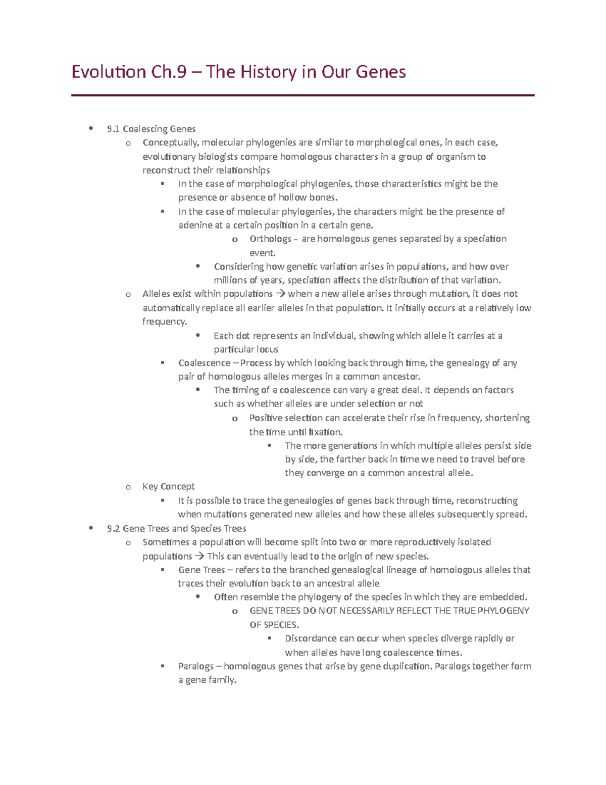 Evolution Ch9 - Harris, Chapter Summaries - Evolution Ch – The History in Our Genes 9 Coalescing ...