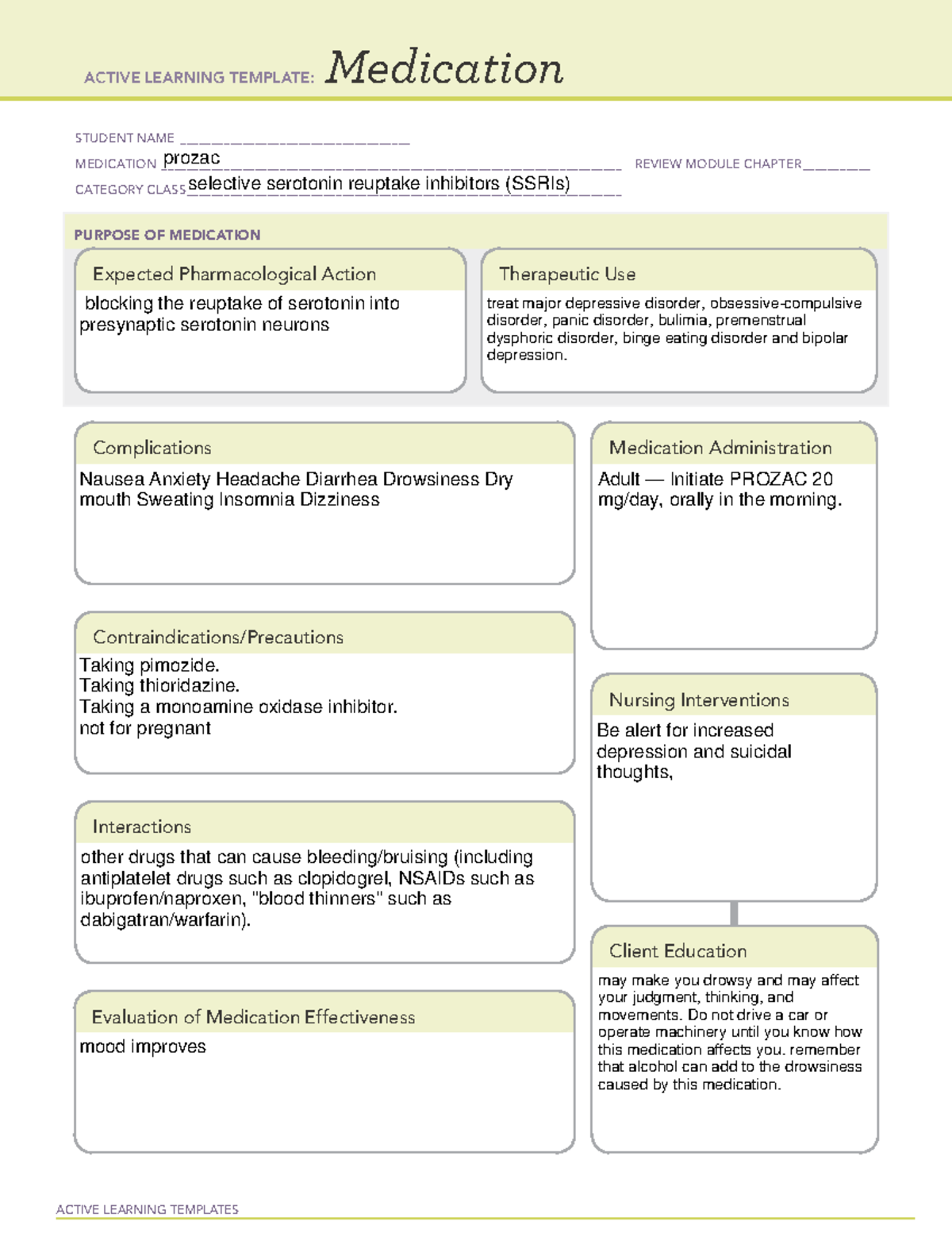 Prozac - ACTIVE LEARNING TEMPLATES Medication STUDENT NAME