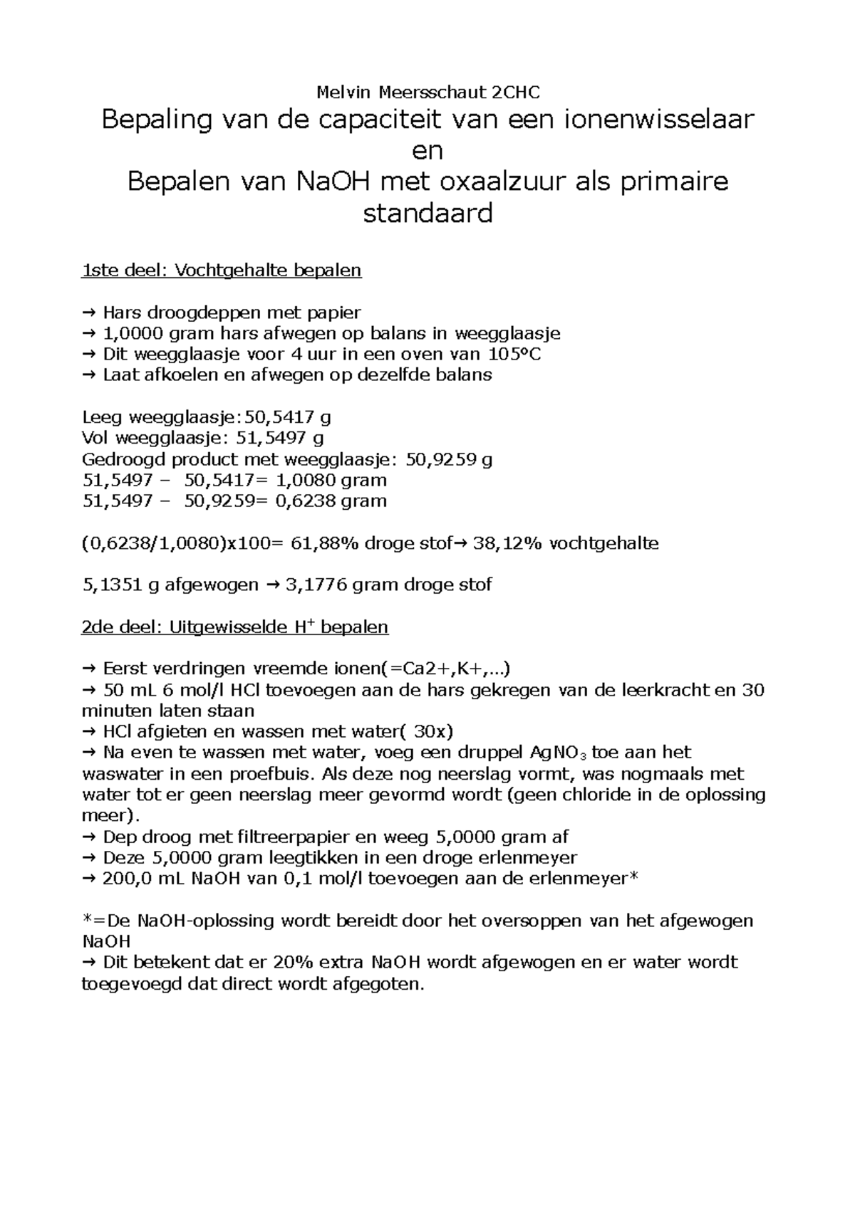 Labo verslag analytische chemie 1 Bepaling van de capaciteit van een ...