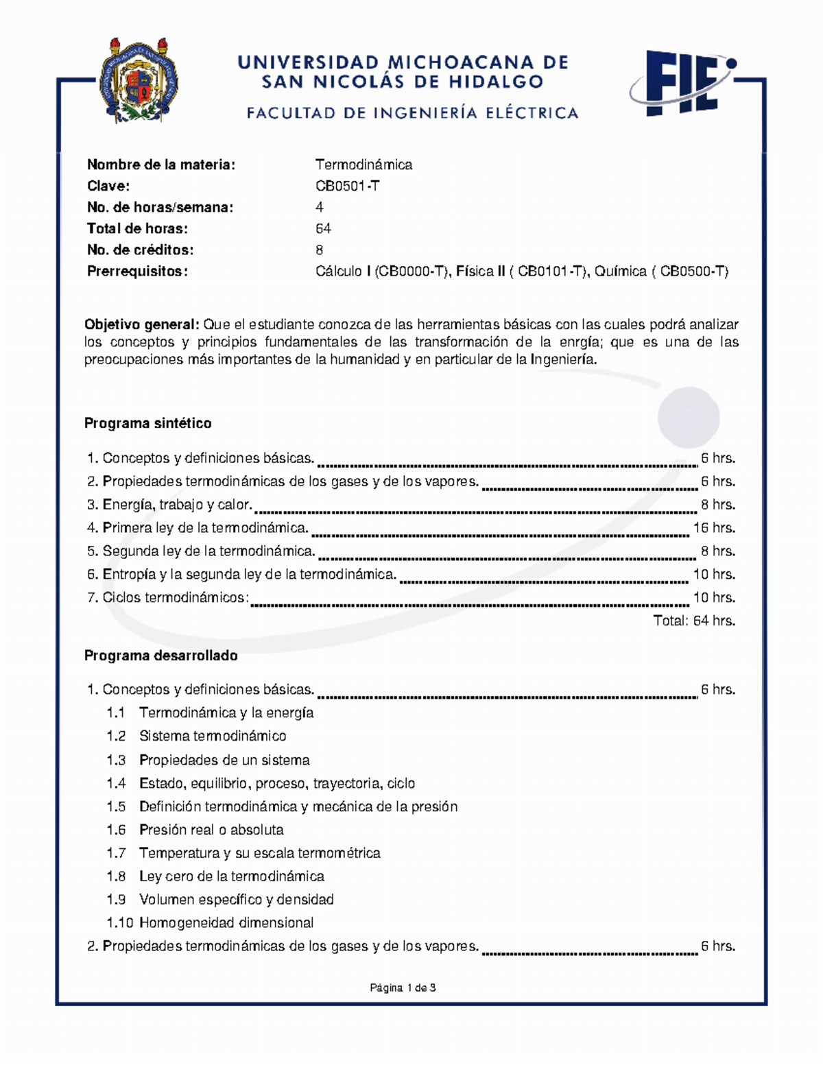 Programa de Termodinámica - Nombre de la materia: Termodinámica Clave: CB0501-T No. de horas ...