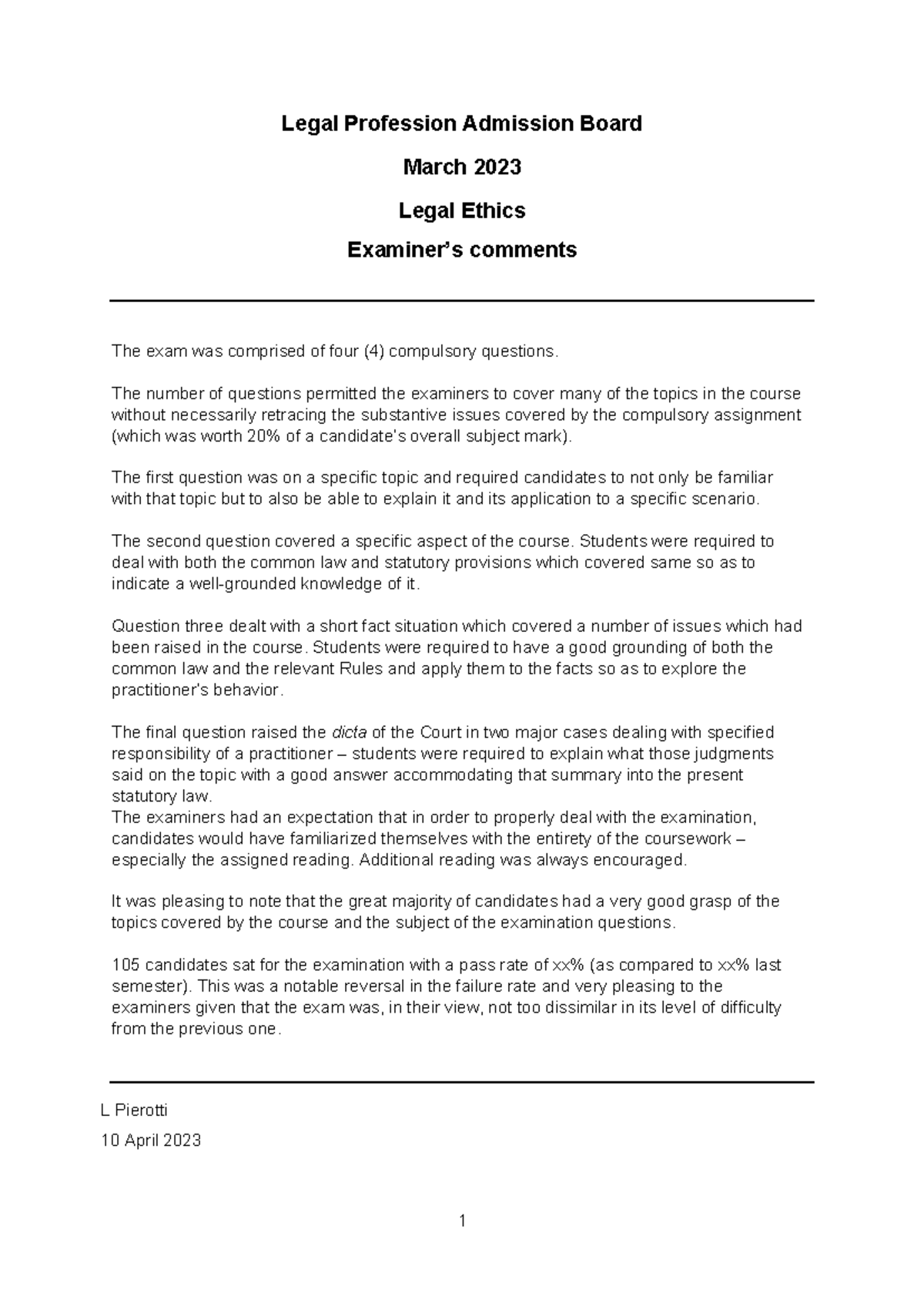 17 Legal Ethics Examiner's Comments S23 - Legal Profession Admission ...