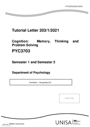 PYC 3703 Q&A 2020 - Assignment feedback - PYC3703/202/1/ Tutorial Letter 202/1/ Cognition ...