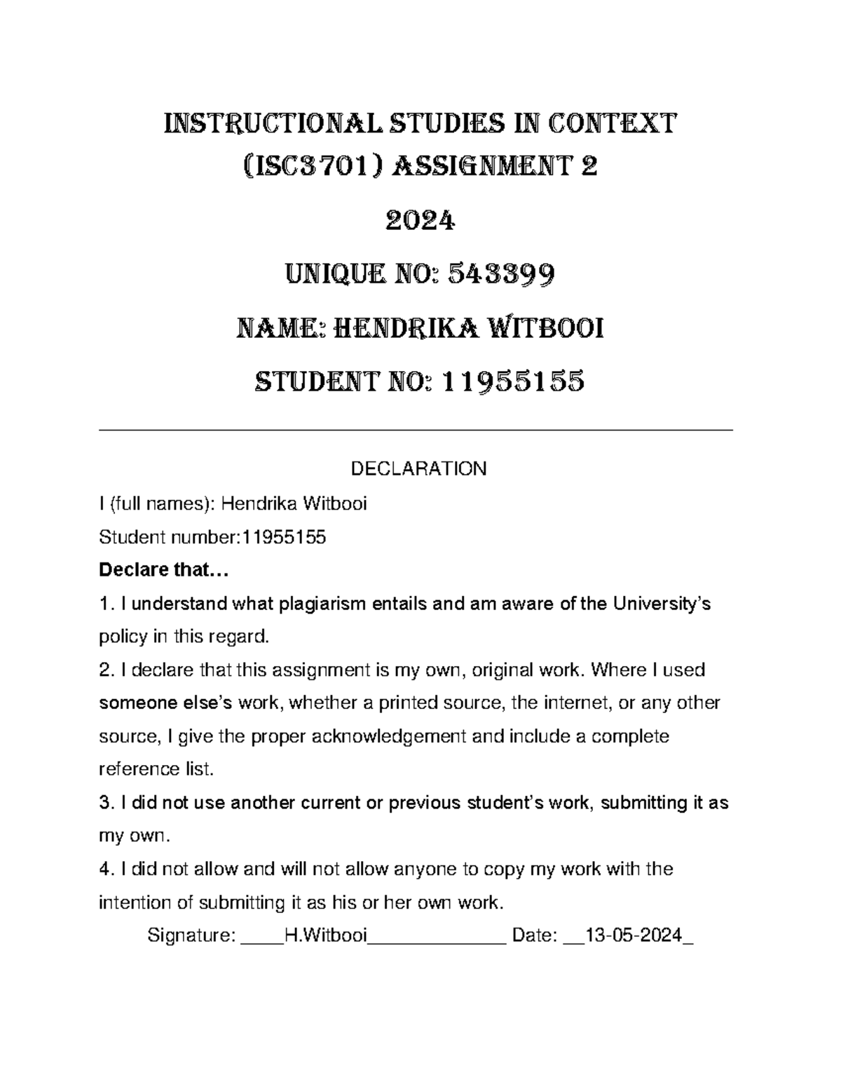 ISC3701-A2 - ASSIGNMENT 02 - Instructional Studies in Context (ISC3701) Assignment 2 2024 Unique ...