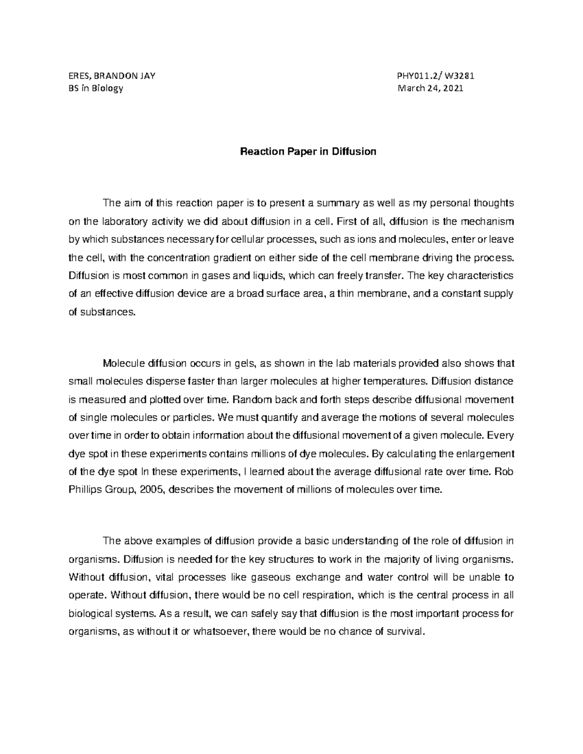 PHY011 - This is my reaction paper on our lecture on Biophysics. - ERES ...