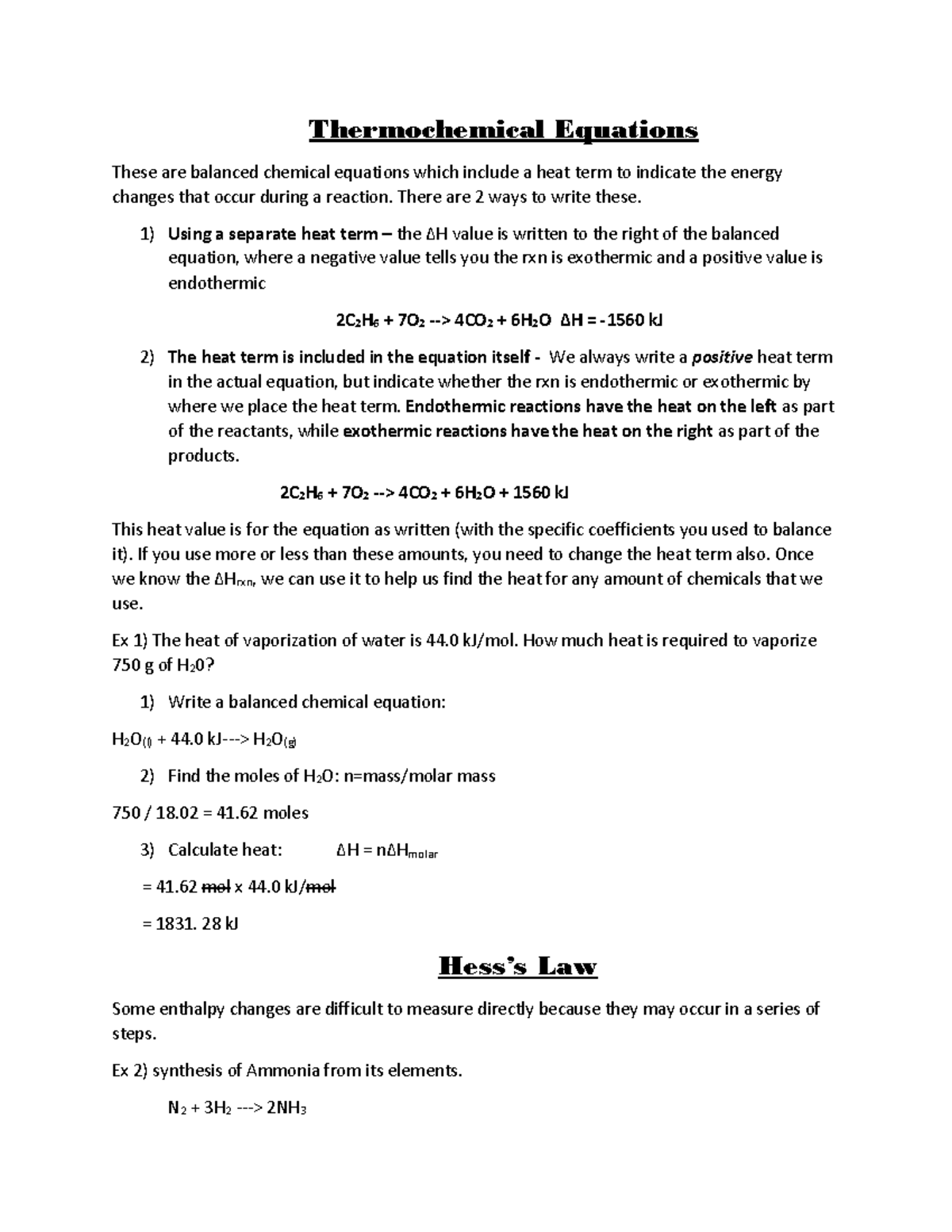 Thermochemical Equations, Hess' Law and Standard Enthalpies of ...