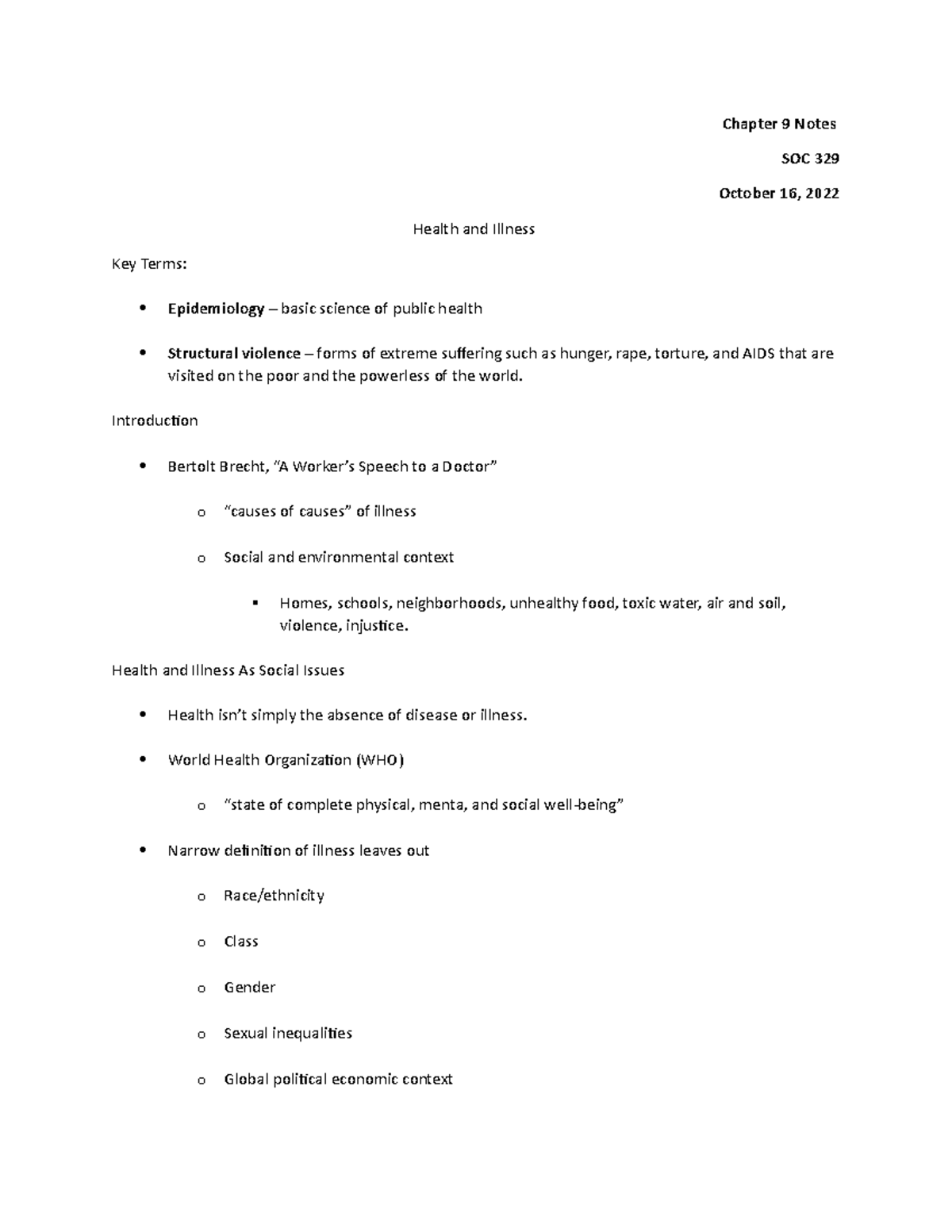 Health and Illness Chapter Notes - Chapter 9 Notes SOC 329 October 16 ...