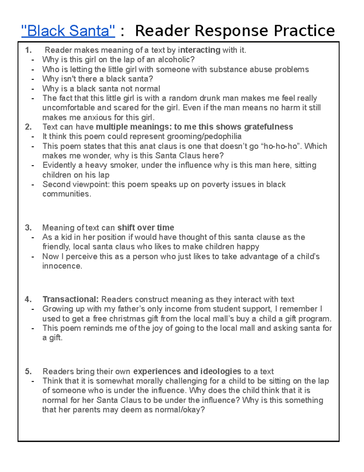 Reader Response Black Santa - "Black Santa" : Reader Response Practice ...