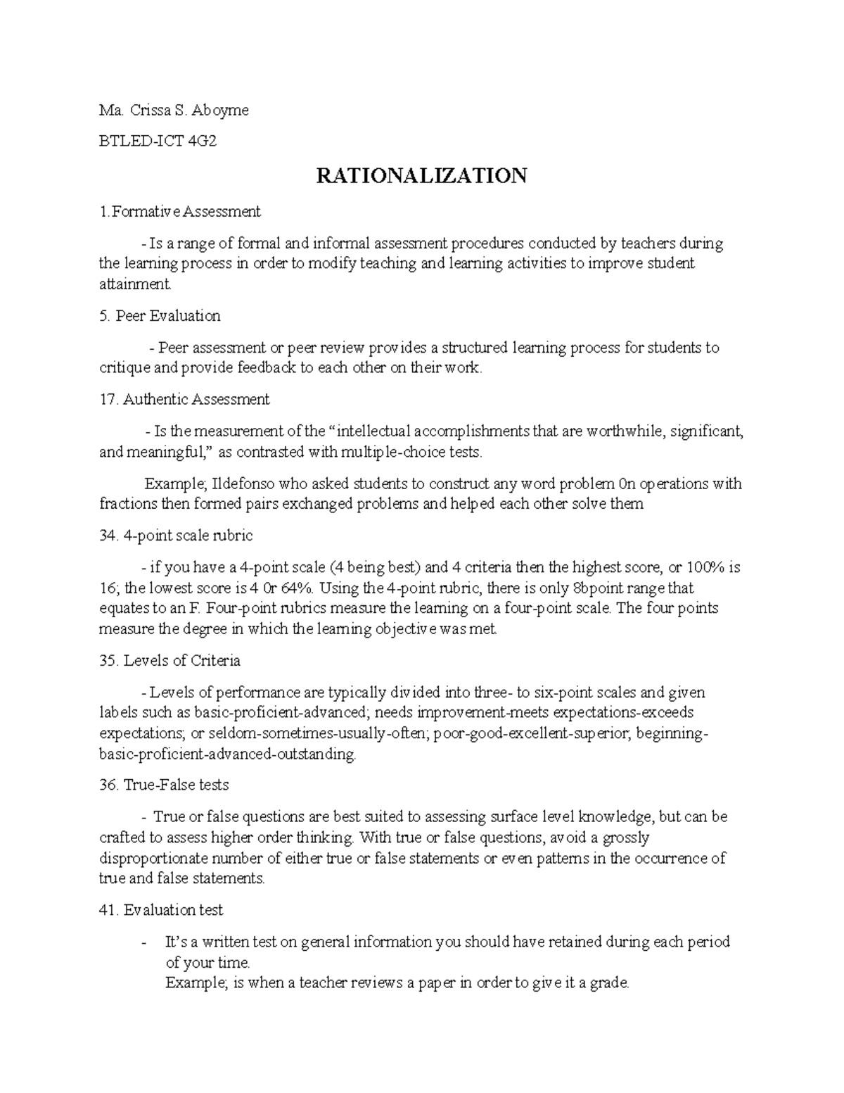 Aboyme Rationalization in LE2 - Ma. Crissa S. Aboyme BTLED-ICT 4G ...