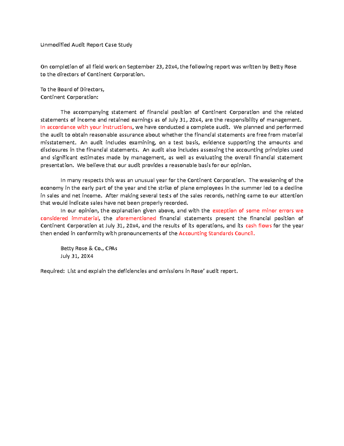 Unmodified Audit Report Case Study - To the Board of Directors ...
