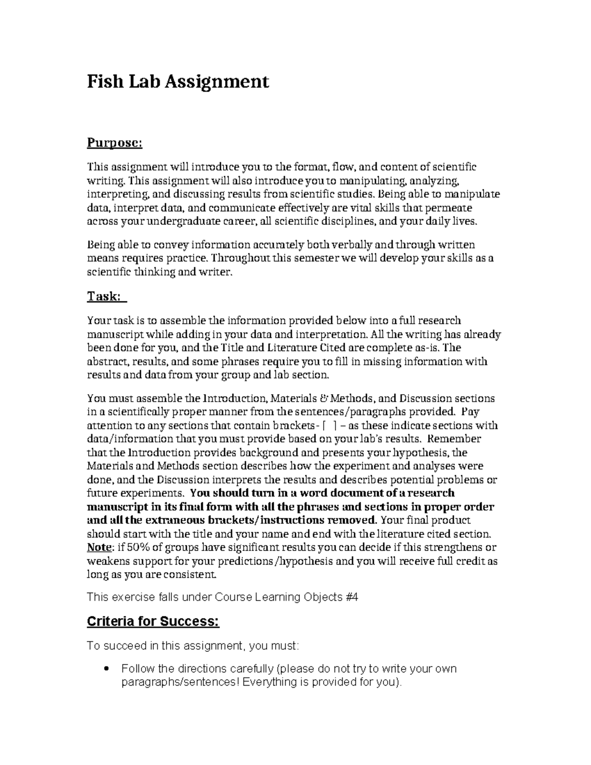 Final fish lab manuscript 9-16 - Fish Lab Assignment Purpose: This ...