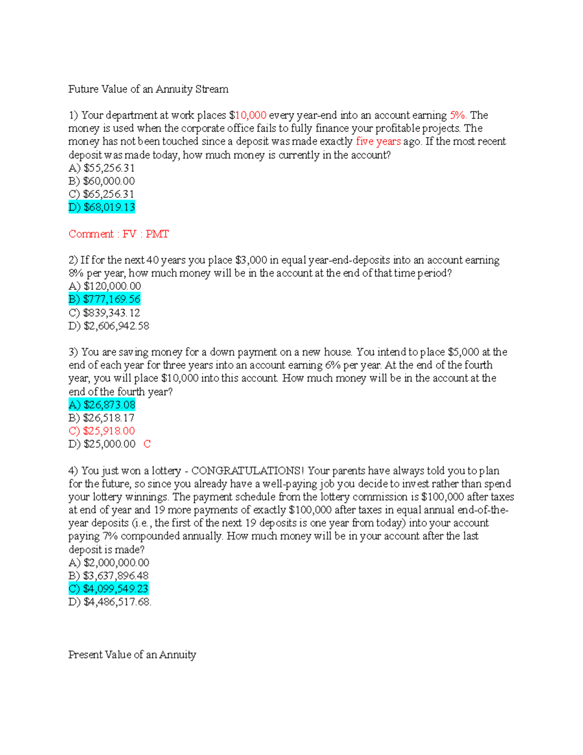 Annuity Worksheet 2 copy - Future Value of an Annuity Stream Your ...