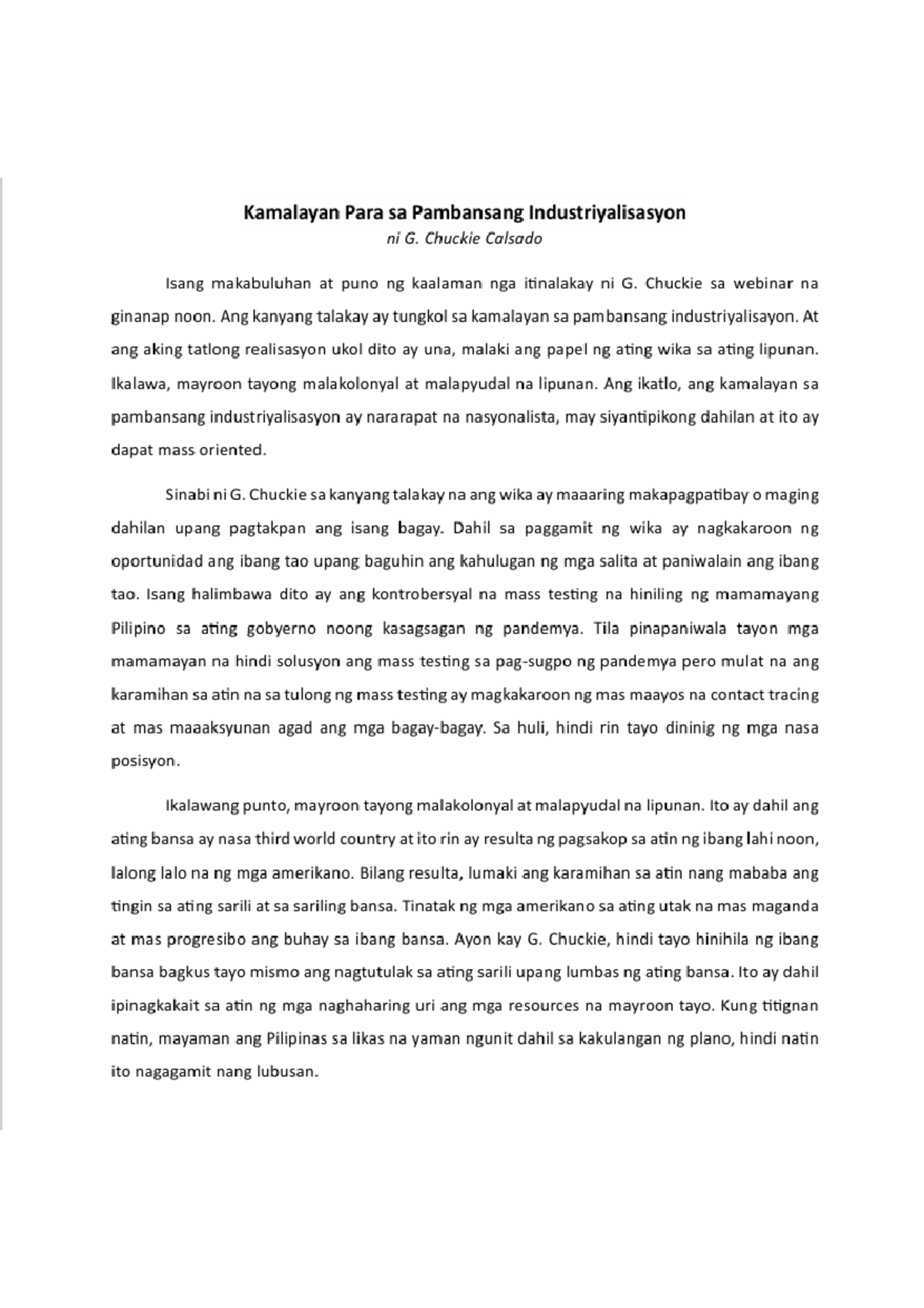 Kamalayan Para sa Pambansang Industriyalisasyon - Filipinolohiya - Studocu