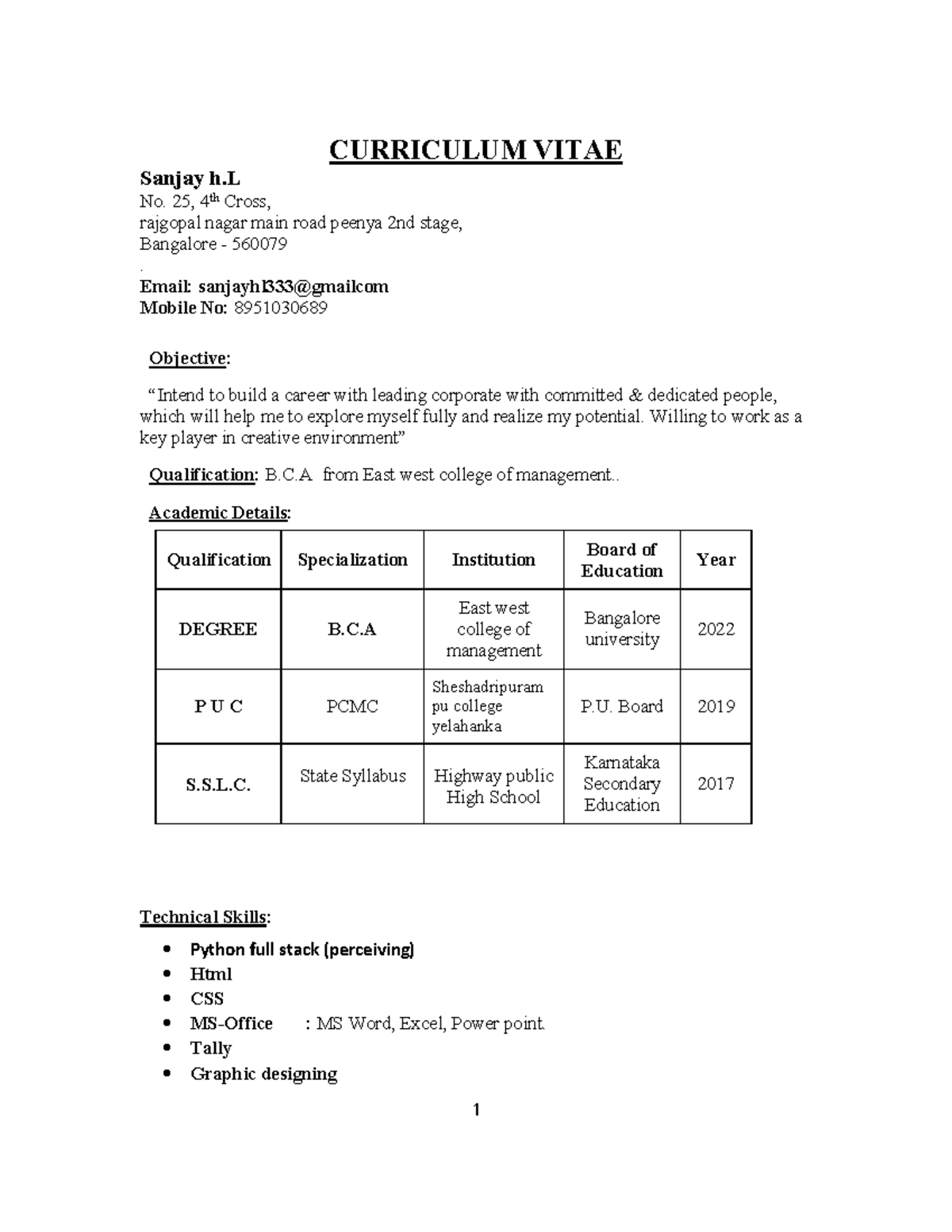 Finalresume 1 - hello - CURRICULUM VITAE Sanjay h No. 25, 4th Cross ...