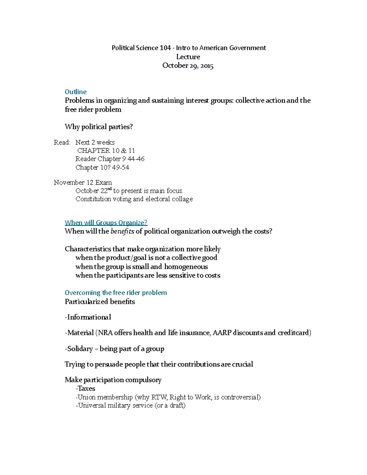 Lecture+Outline+October+29+ - Political Science 104 - Intro to American ...