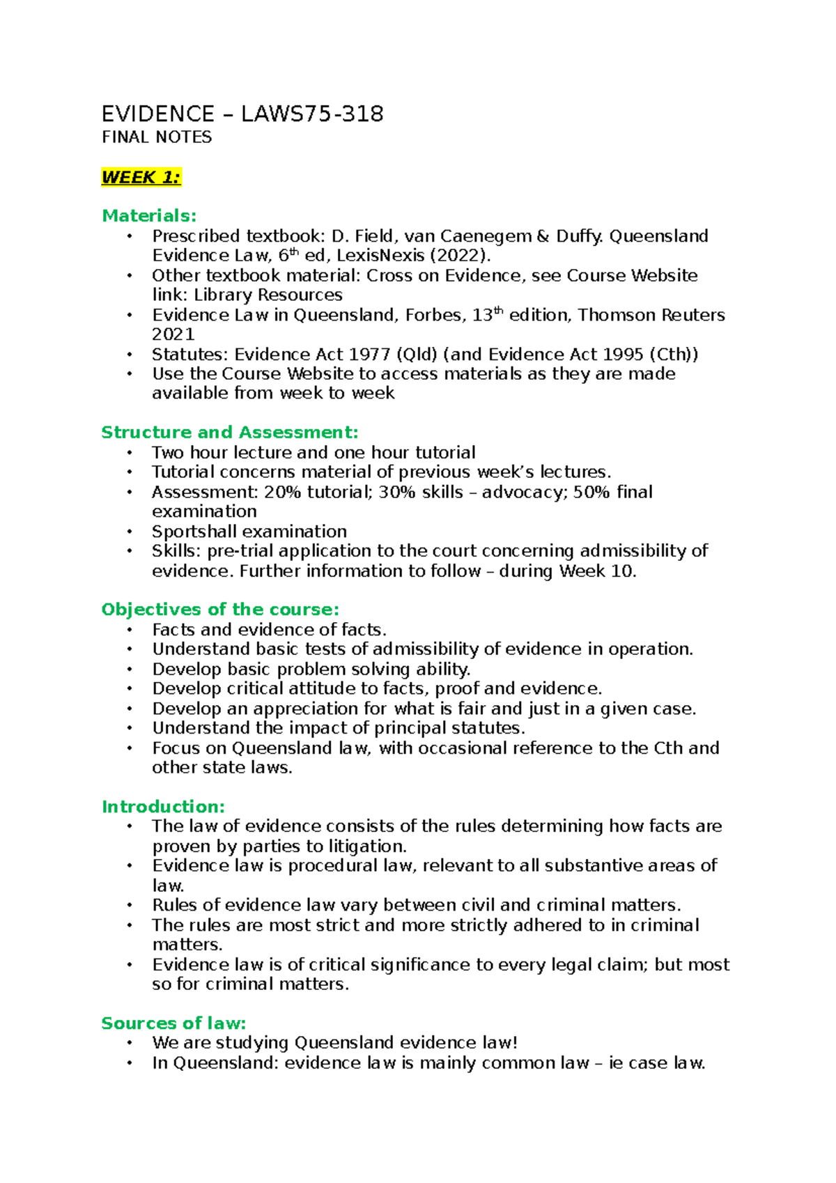 Evidence Notes Final - EVIDENCE – LAWS75- FINAL NOTES WEEK 1: Materials ...