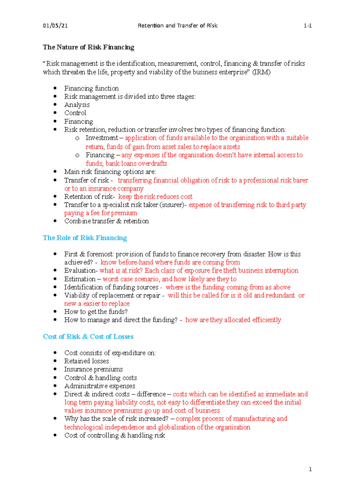 1-1 The Nature of Risk Financing - 27/08/19 Retention and Transfer of ...