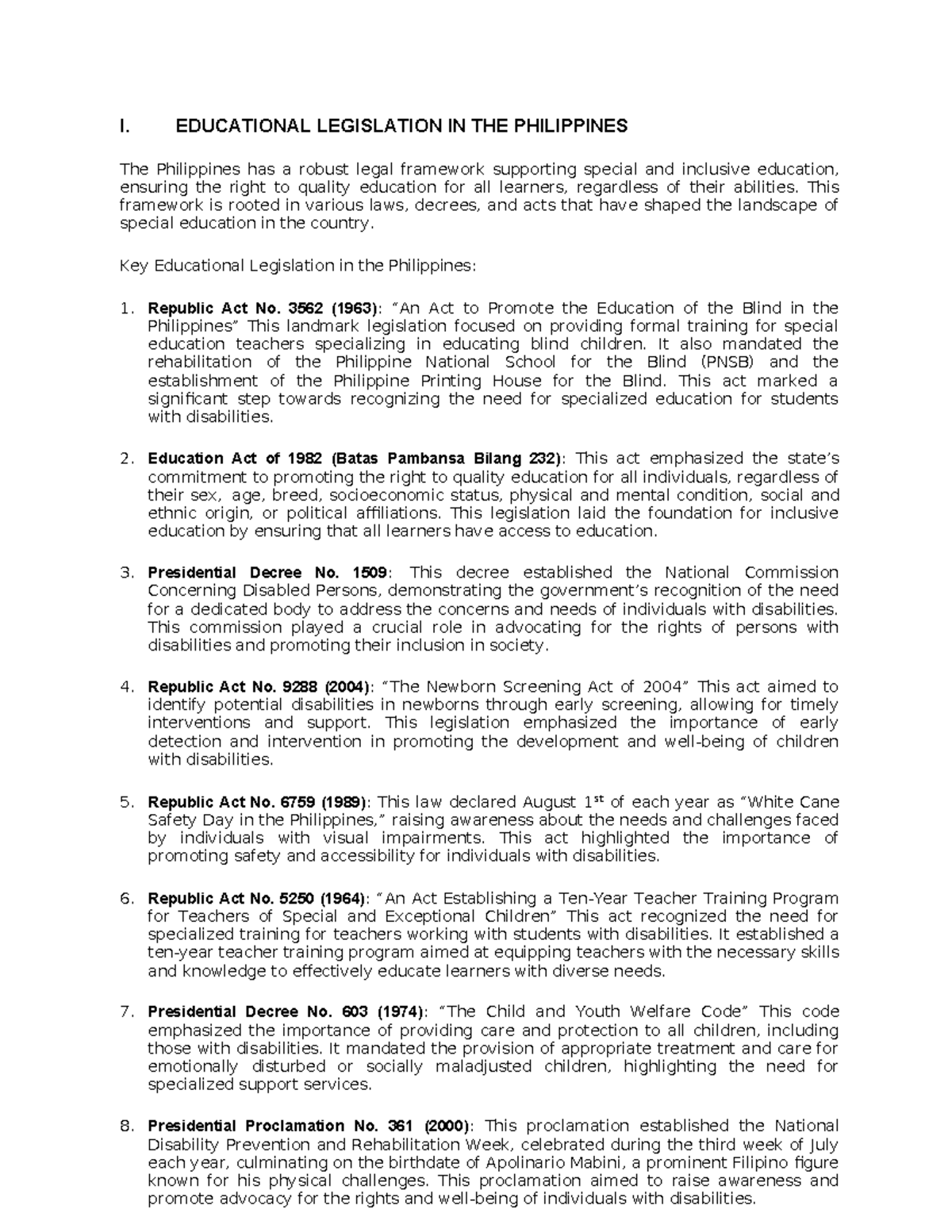 Educational Legislation IN THE Philippines 184 - I. EDUCATIONAL ...