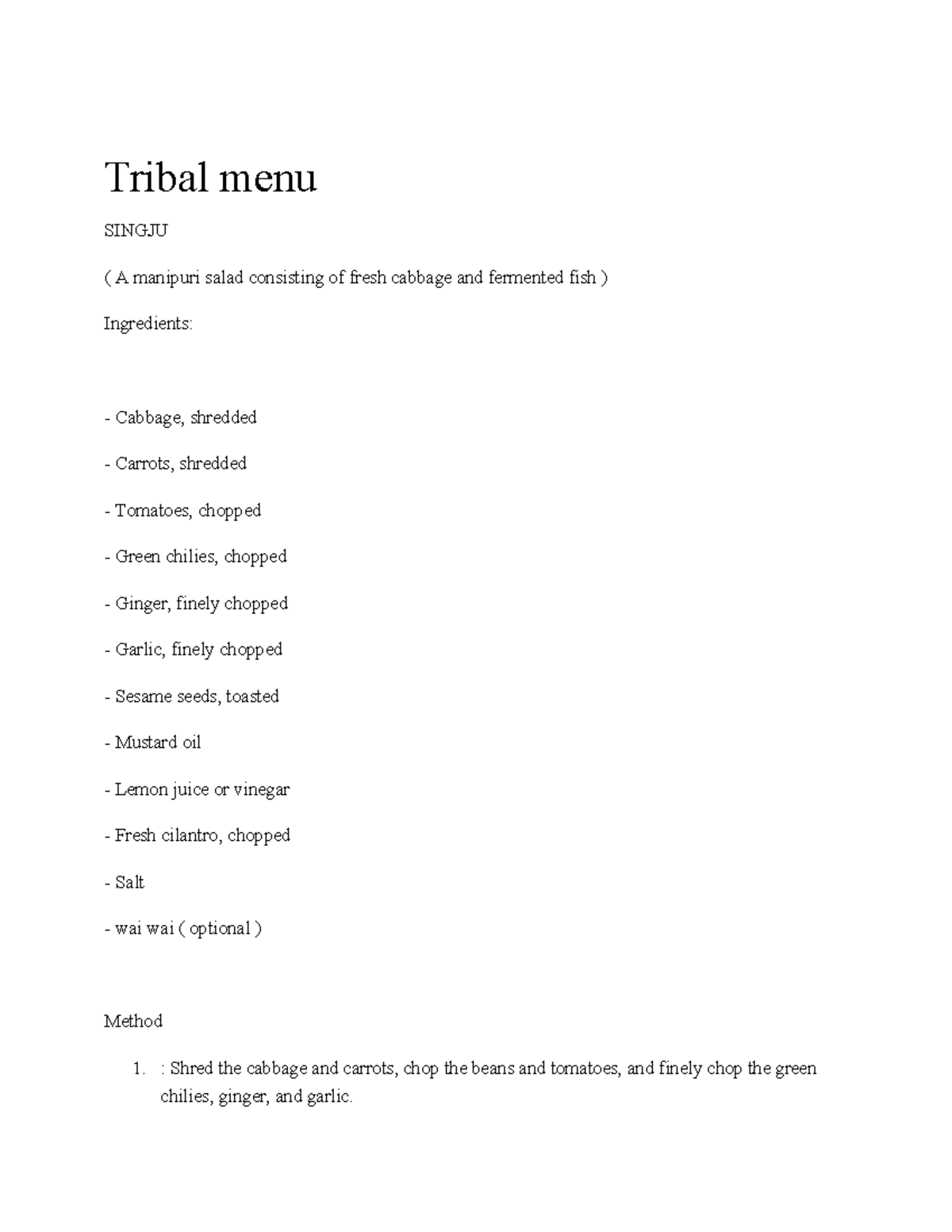 Tribal Cuisine - Its a written recipe by a professional - Tribal menu ...