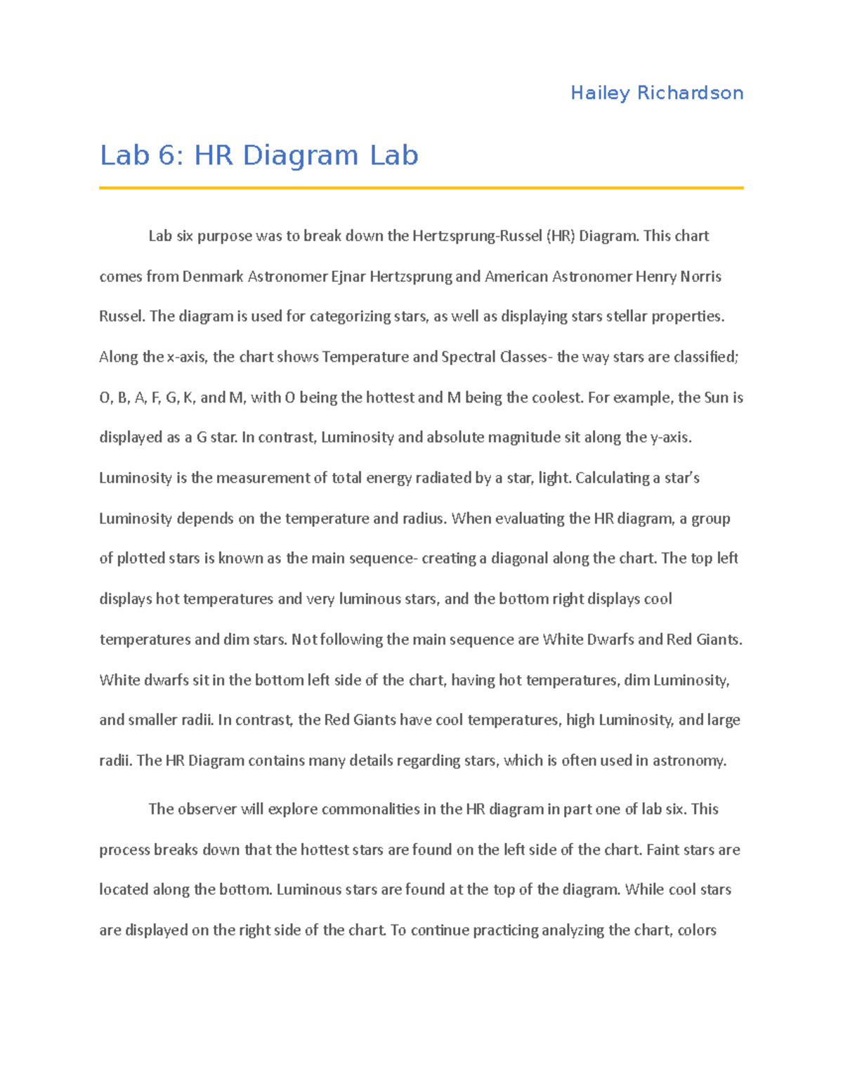 Lab 6 Report - Lab analysis - Hailey Richardson Lab 6: HR Diagram Lab ...